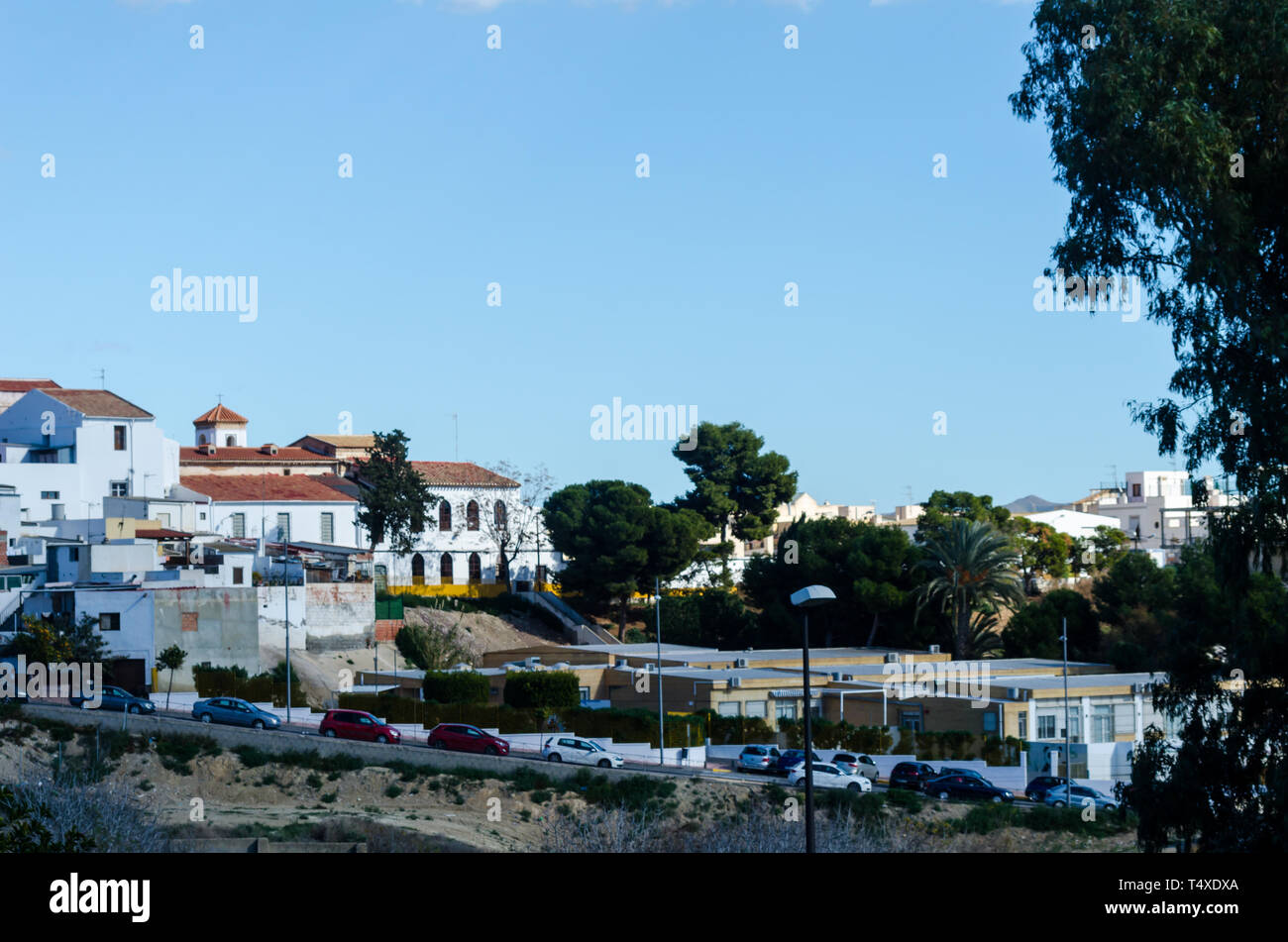 VERA, SPAIN - JANUARY 25, 2019 A panorama of an old Spanish town next ...