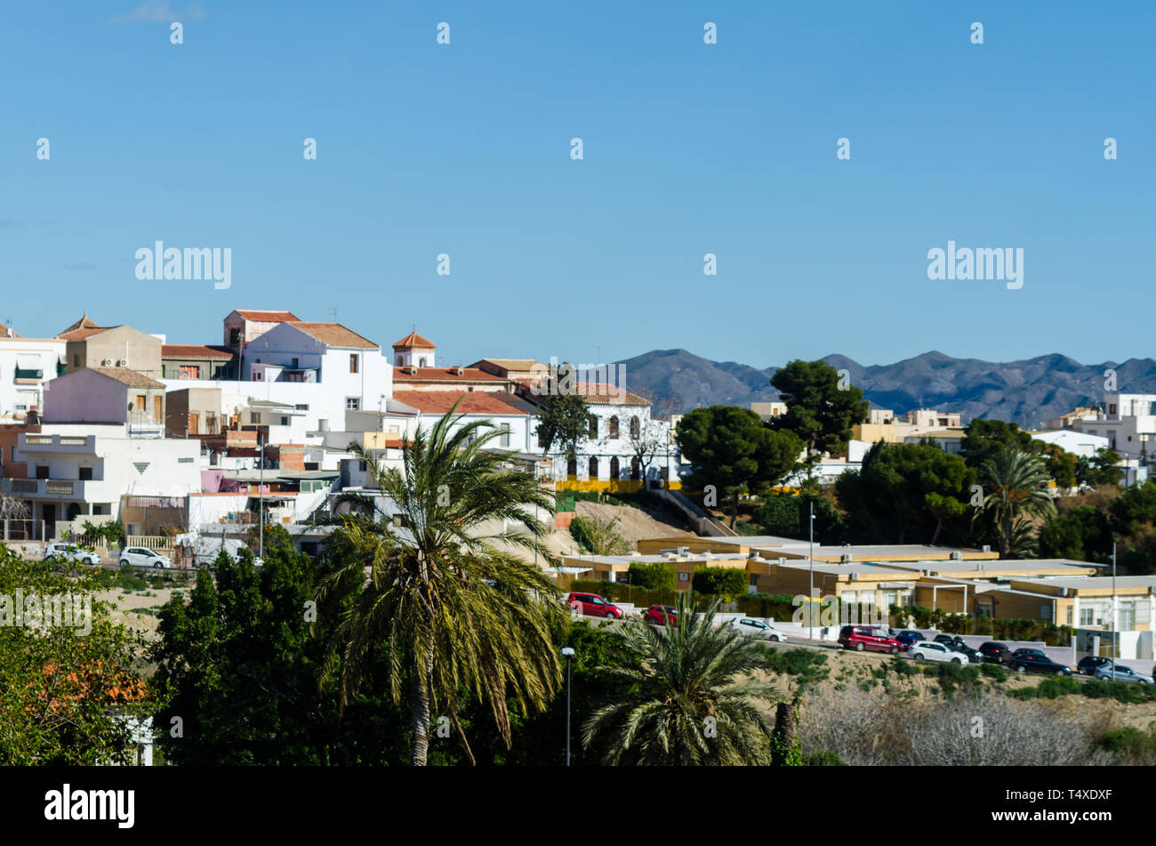 VERA, SPAIN - JANUARY 25, 2019 A panorama of an old Spanish town next ...