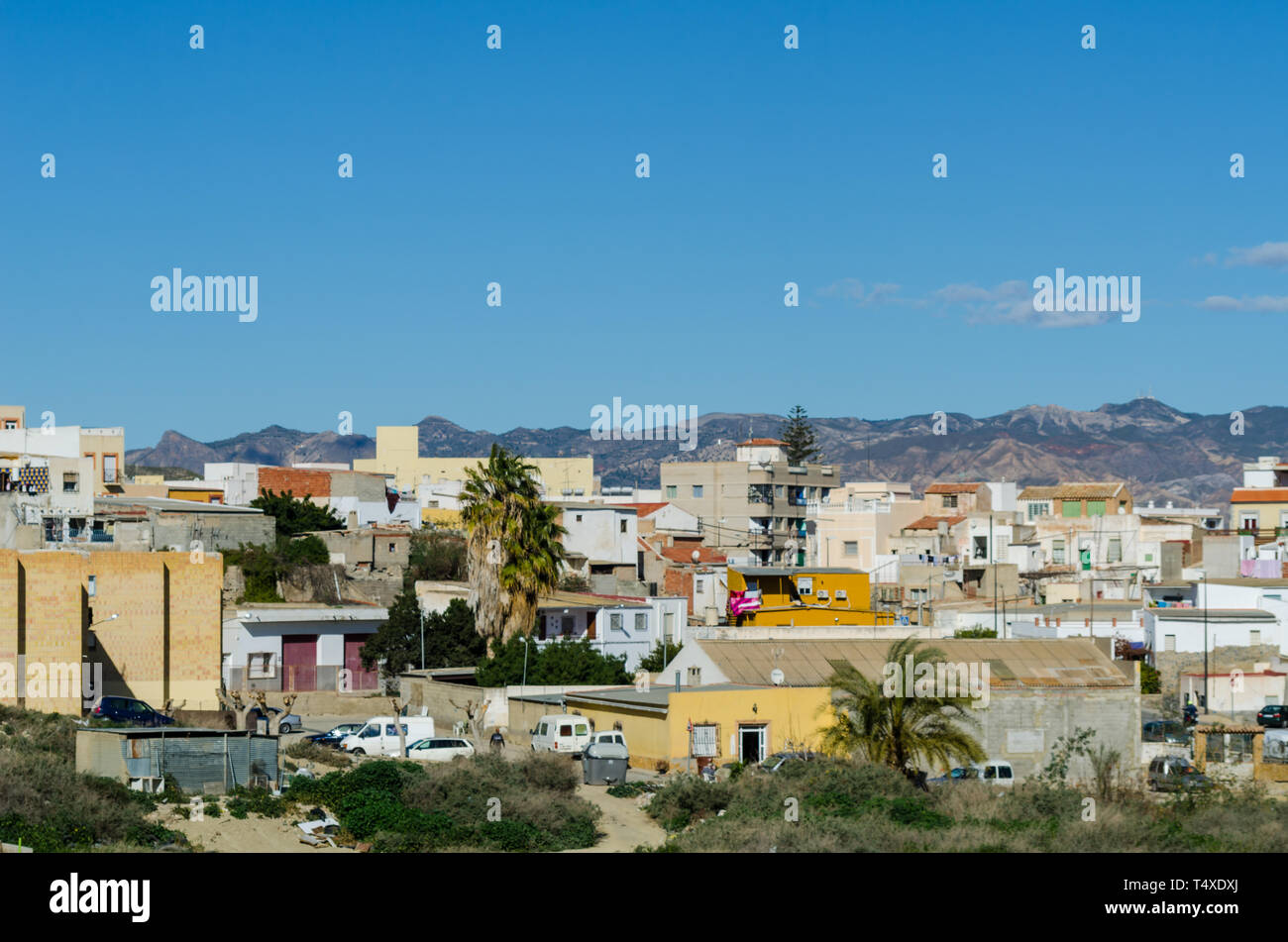 VERA, SPAIN - JANUARY 25, 2019 A panorama of an old Spanish town next ...