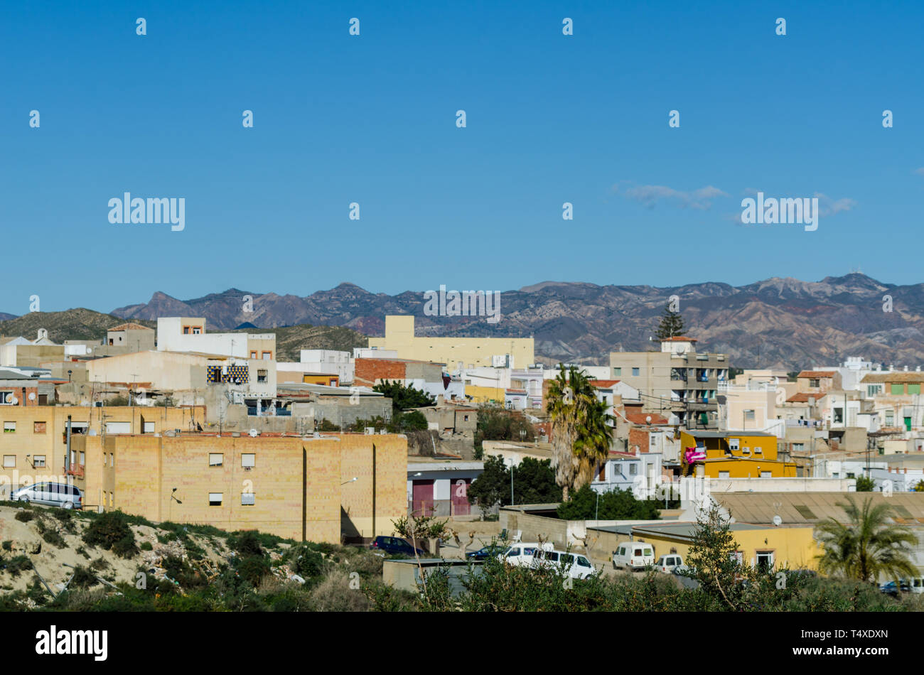 VERA, SPAIN - JANUARY 25, 2019 A panorama of an old Spanish town next ...