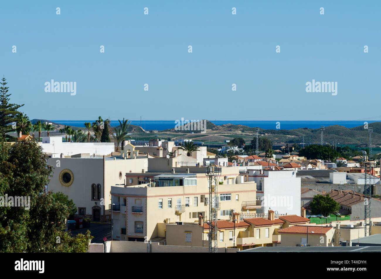 VERA, SPAIN - JANUARY 25, 2019 A panorama of an old Spanish town next ...