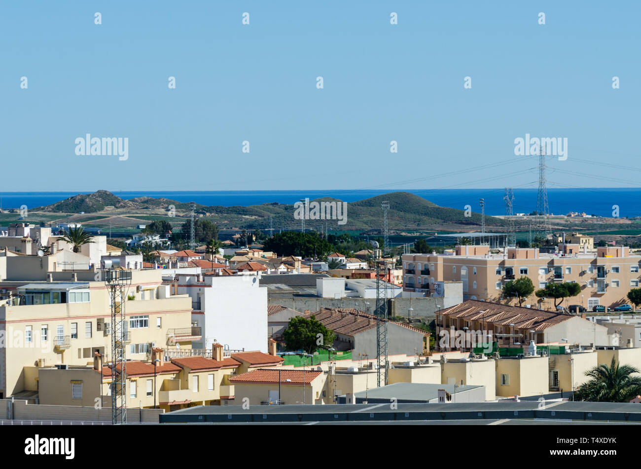 VERA, SPAIN - JANUARY 25, 2019 A panorama of an old Spanish town next ...