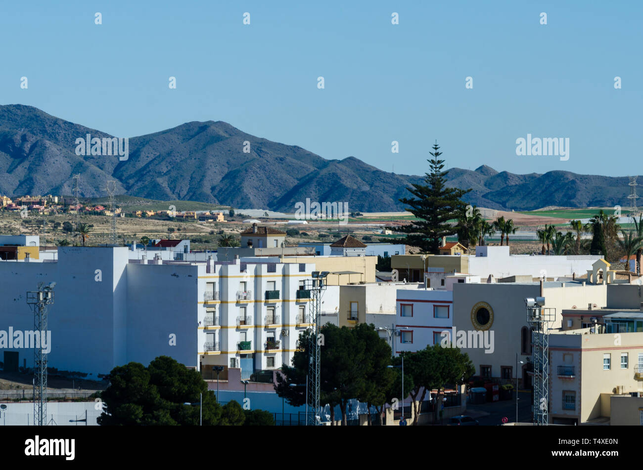 VERA, SPAIN - JANUARY 25, 2019 A panorama of an old Spanish town next ...