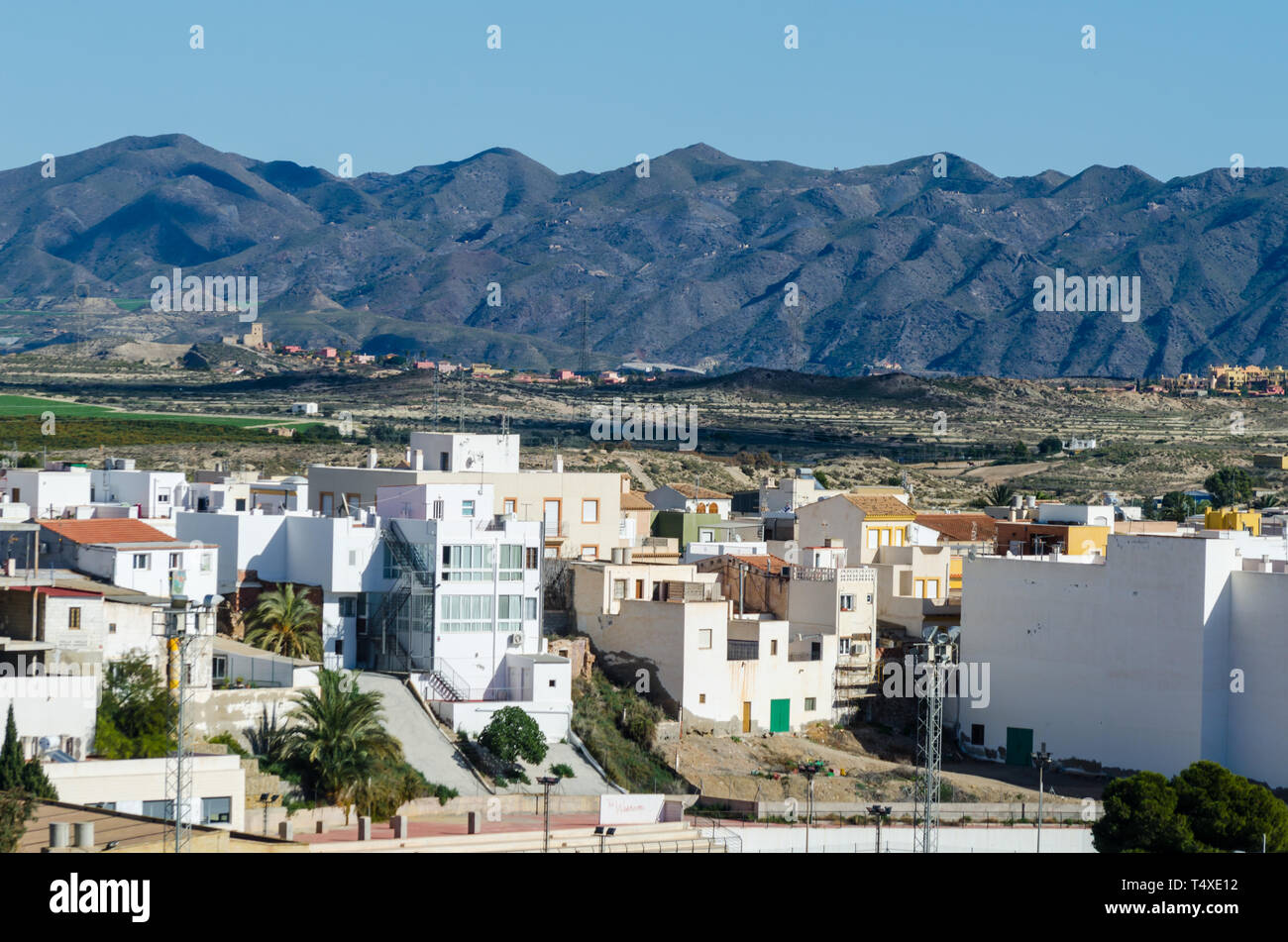 VERA, SPAIN - JANUARY 25, 2019 A panorama of an old Spanish town next ...