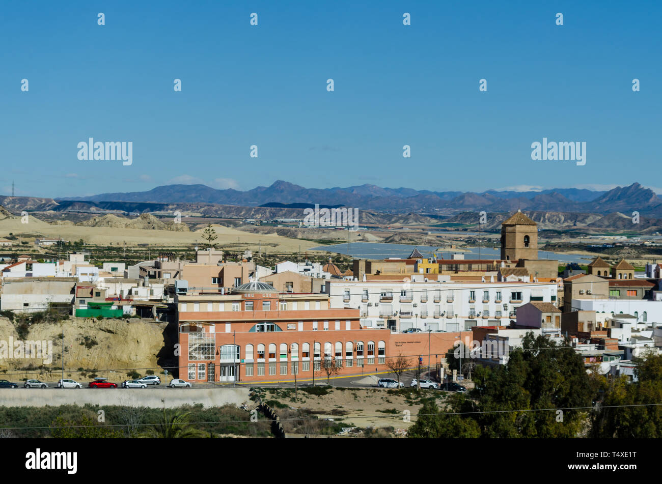 VERA, SPAIN - JANUARY 25, 2019 A panorama of an old Spanish town next ...