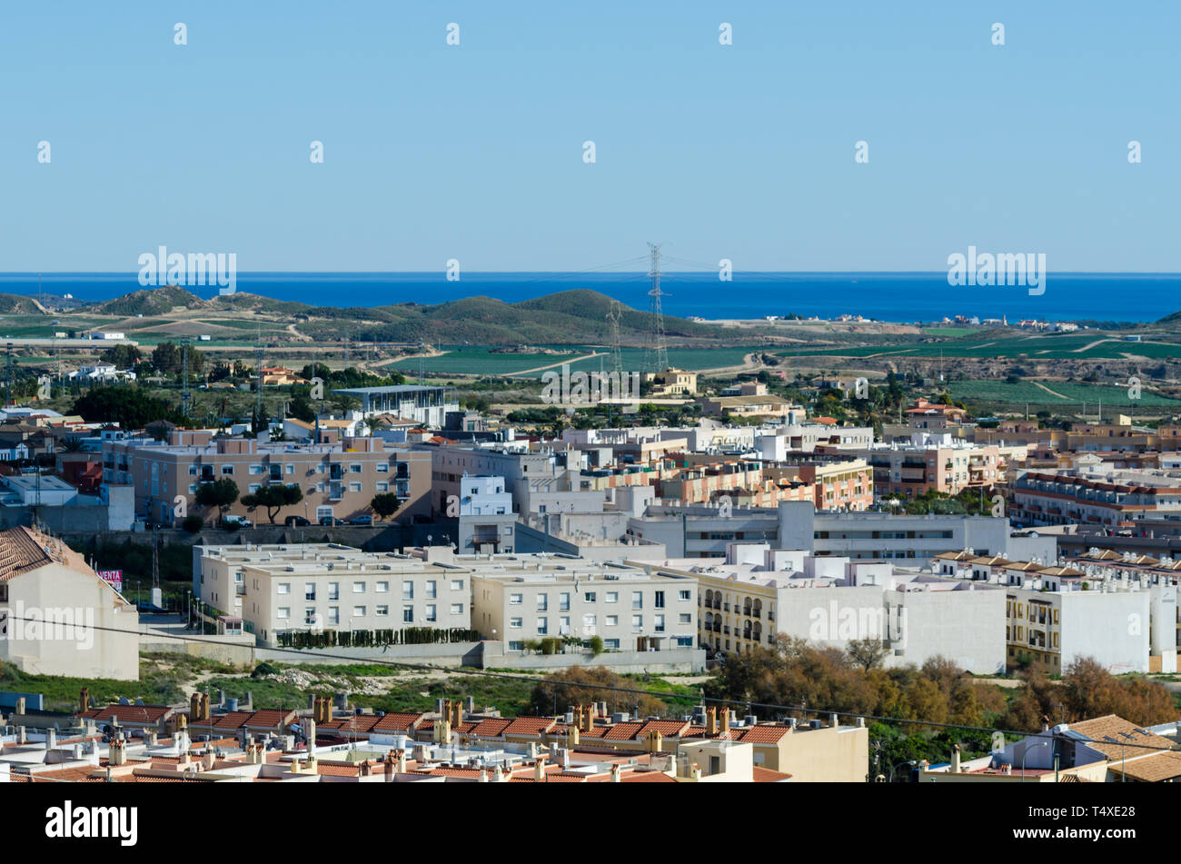 VERA, SPAIN - JANUARY 25, 2019 A panorama of an old Spanish town next ...
