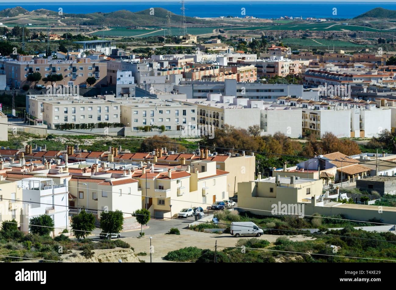 VERA, SPAIN - JANUARY 25, 2019 A panorama of an old Spanish town next ...
