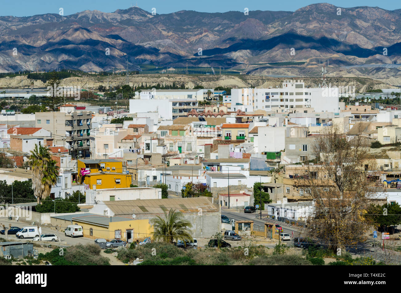 VERA, SPAIN - JANUARY 25, 2019 A panorama of an old Spanish town next ...
