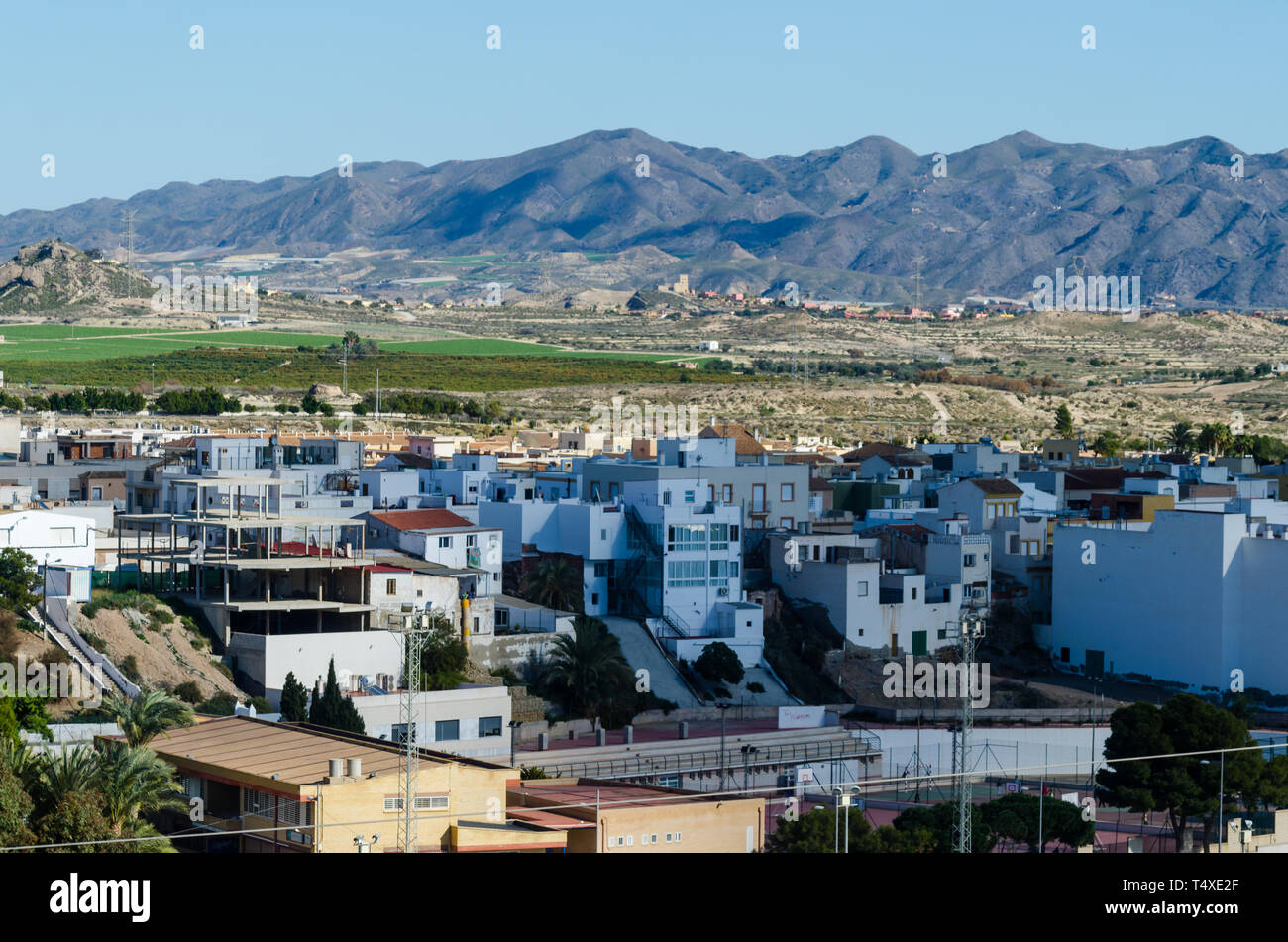 VERA, SPAIN - JANUARY 25, 2019 A panorama of an old Spanish town next ...