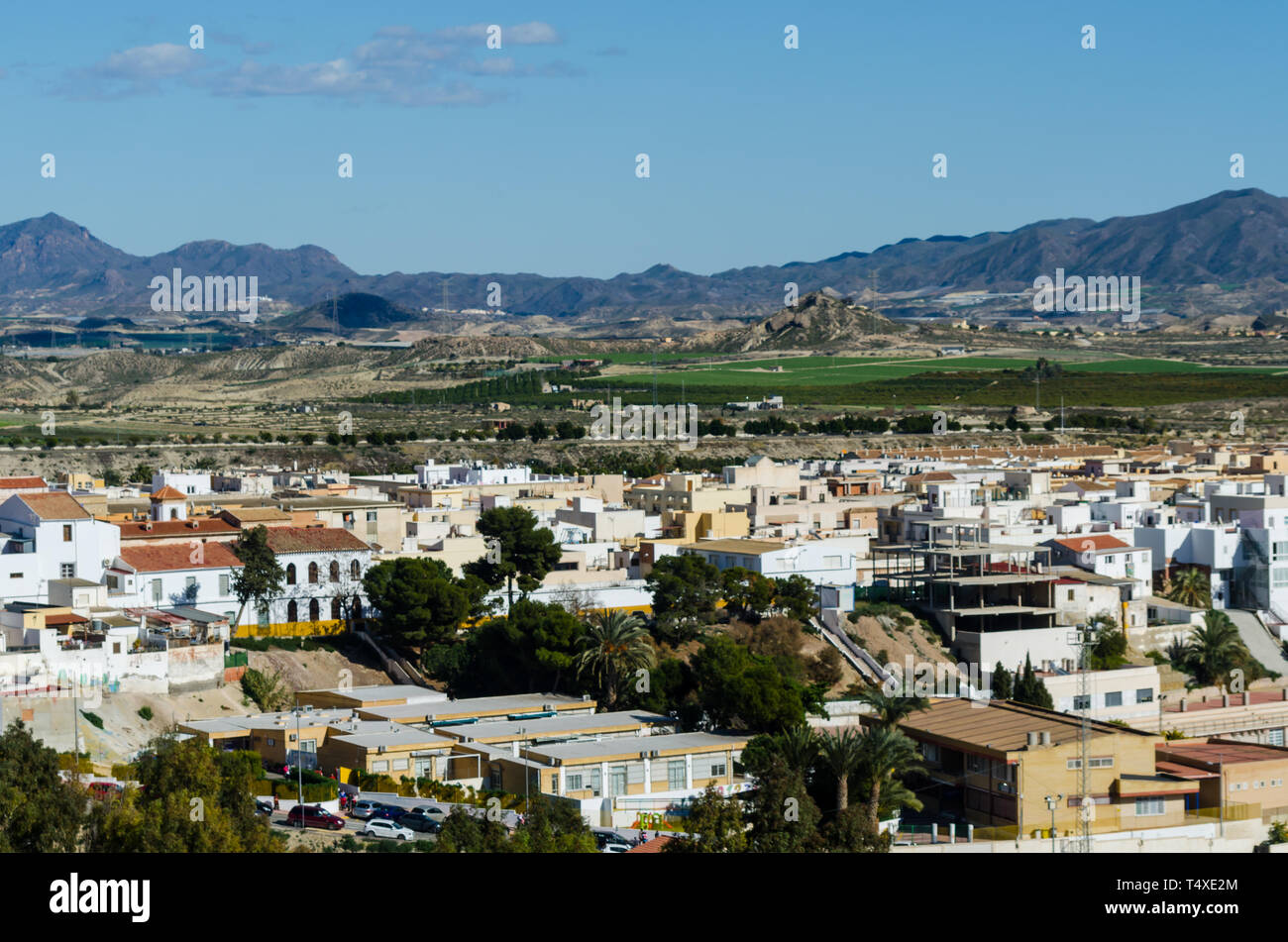 VERA, SPAIN - JANUARY 25, 2019 A panorama of an old Spanish town next ...