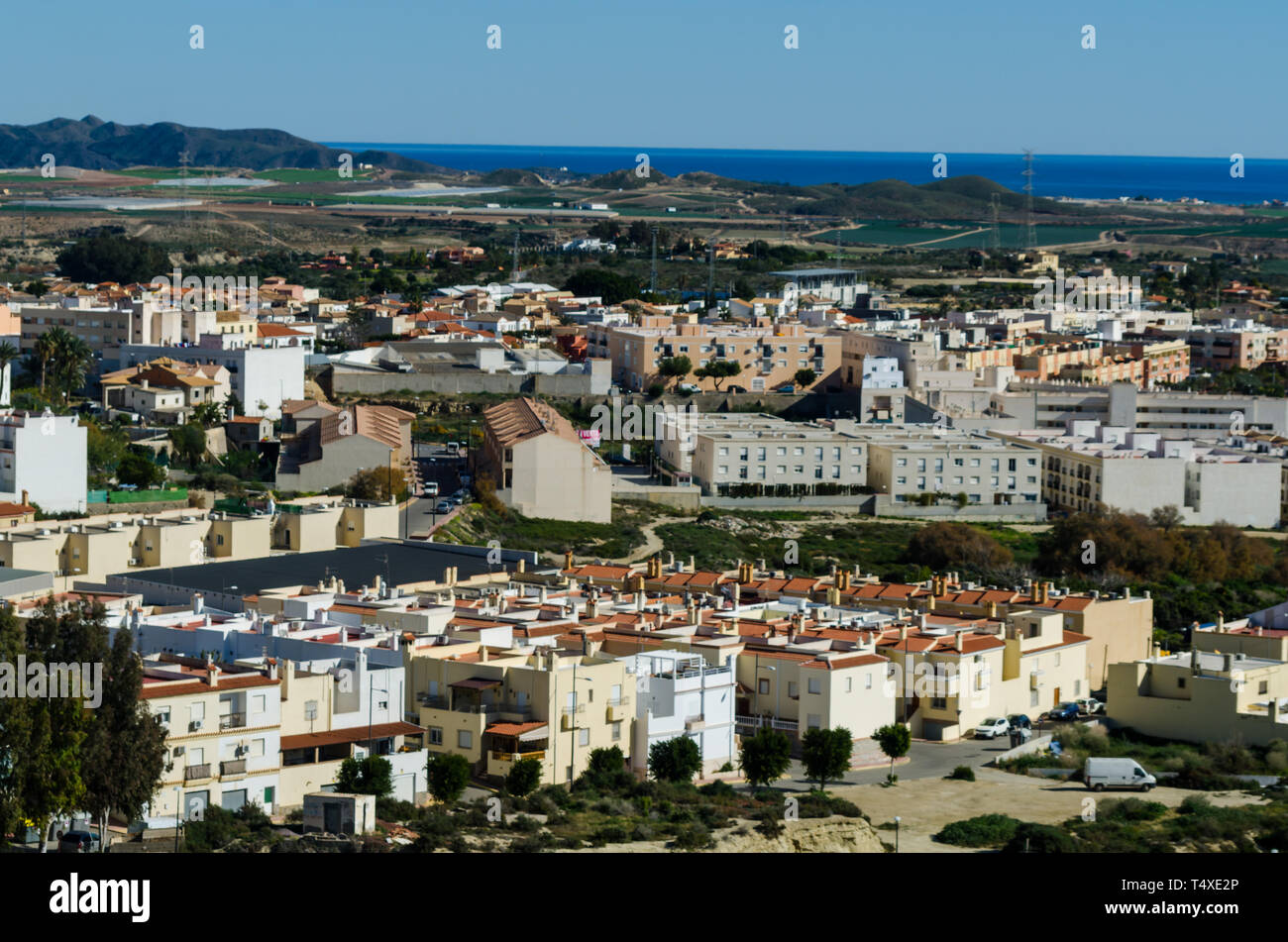 VERA, SPAIN - JANUARY 25, 2019 A panorama of an old Spanish town next ...