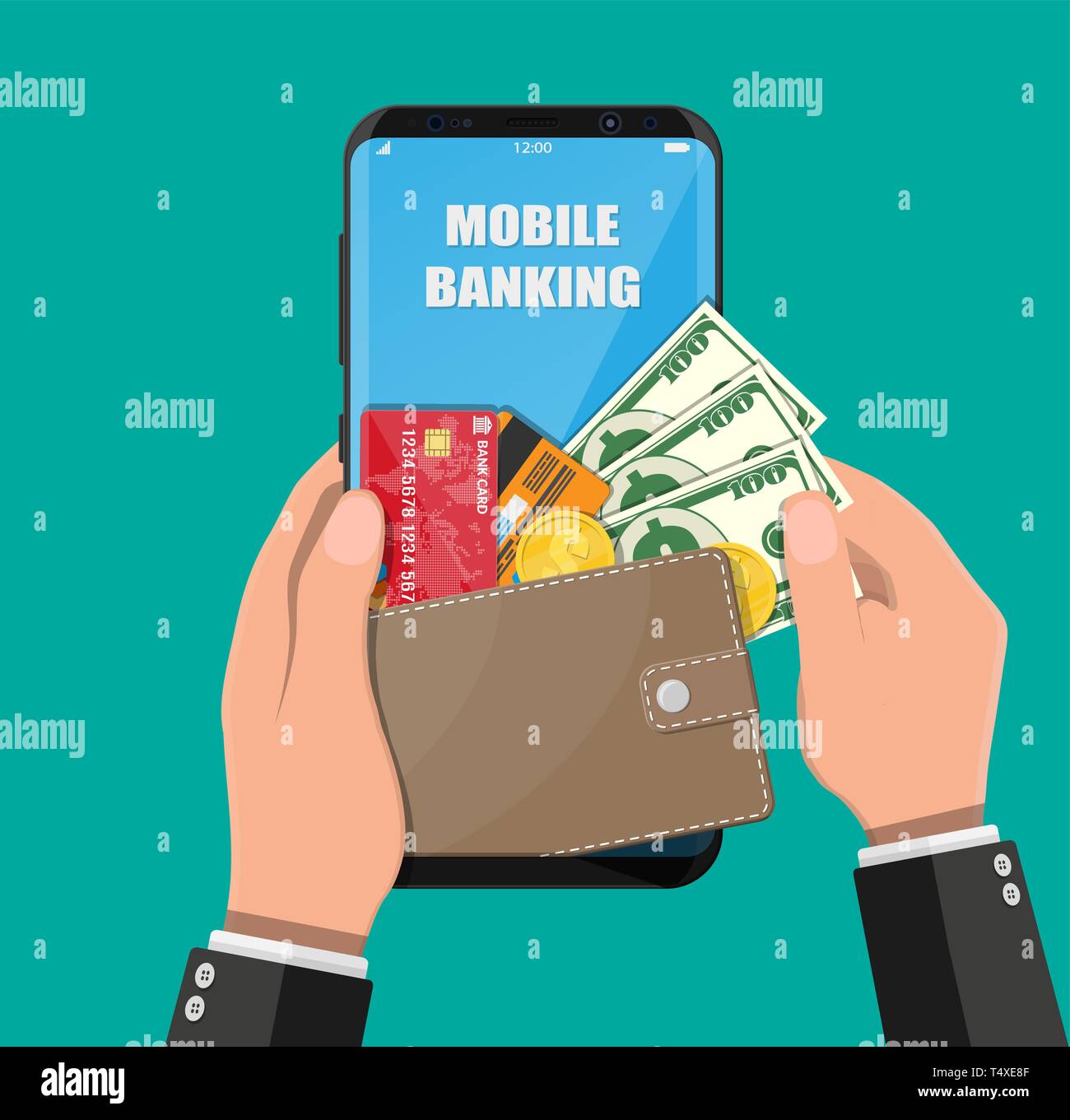 Modern smartphone with wallet in hand, bank credit card, dollar ...