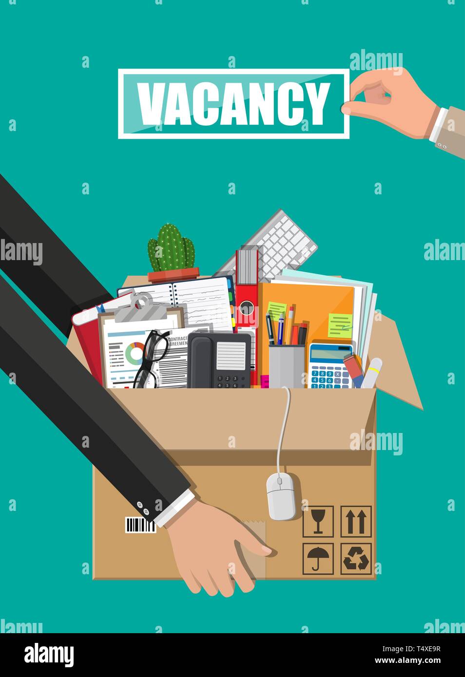 Hand with sign vacancy. Box with office goods. Hiring and recruiting ...
