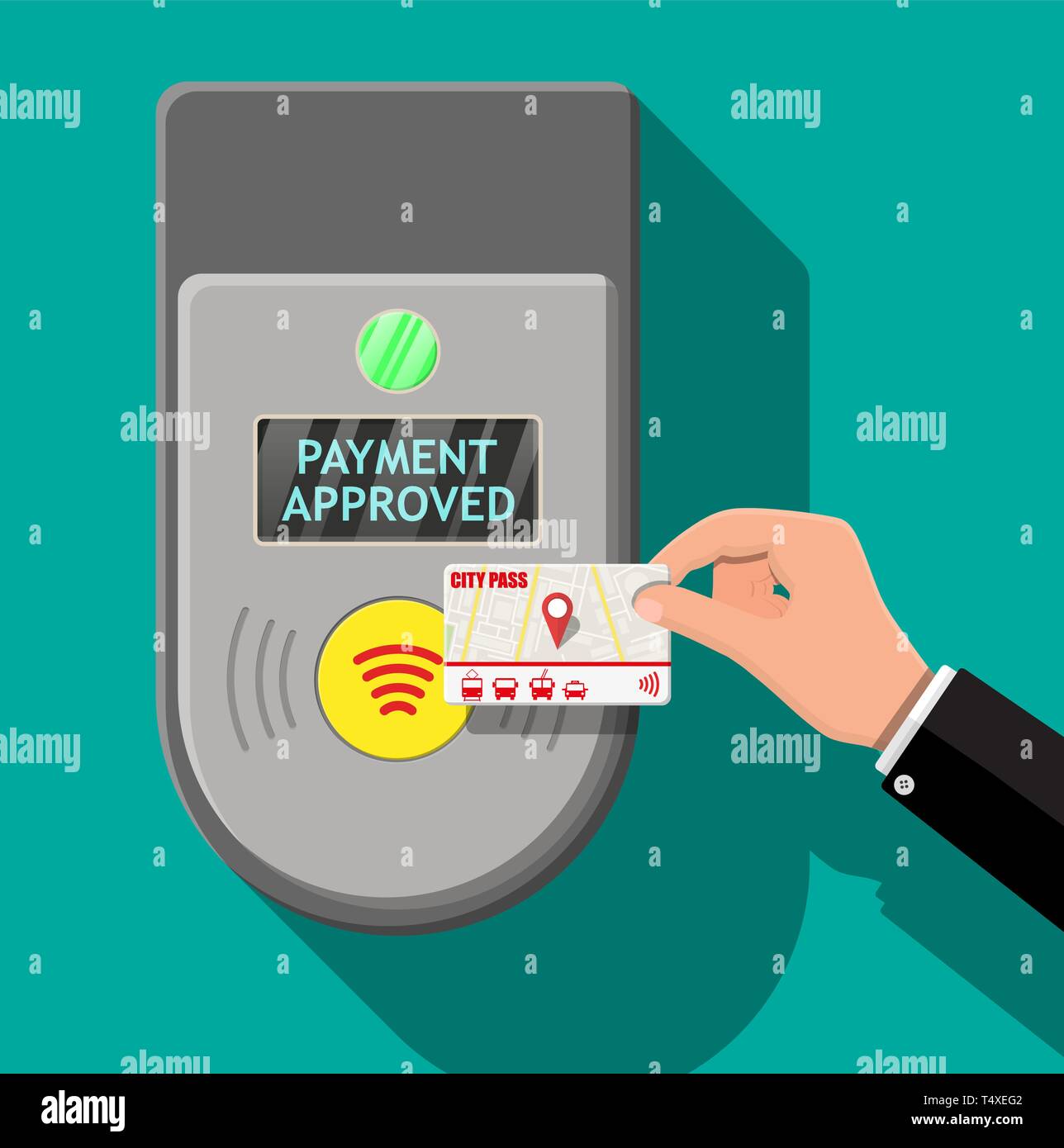 Hand holding transport card near terminal. Airport, metro, bus, subway ...