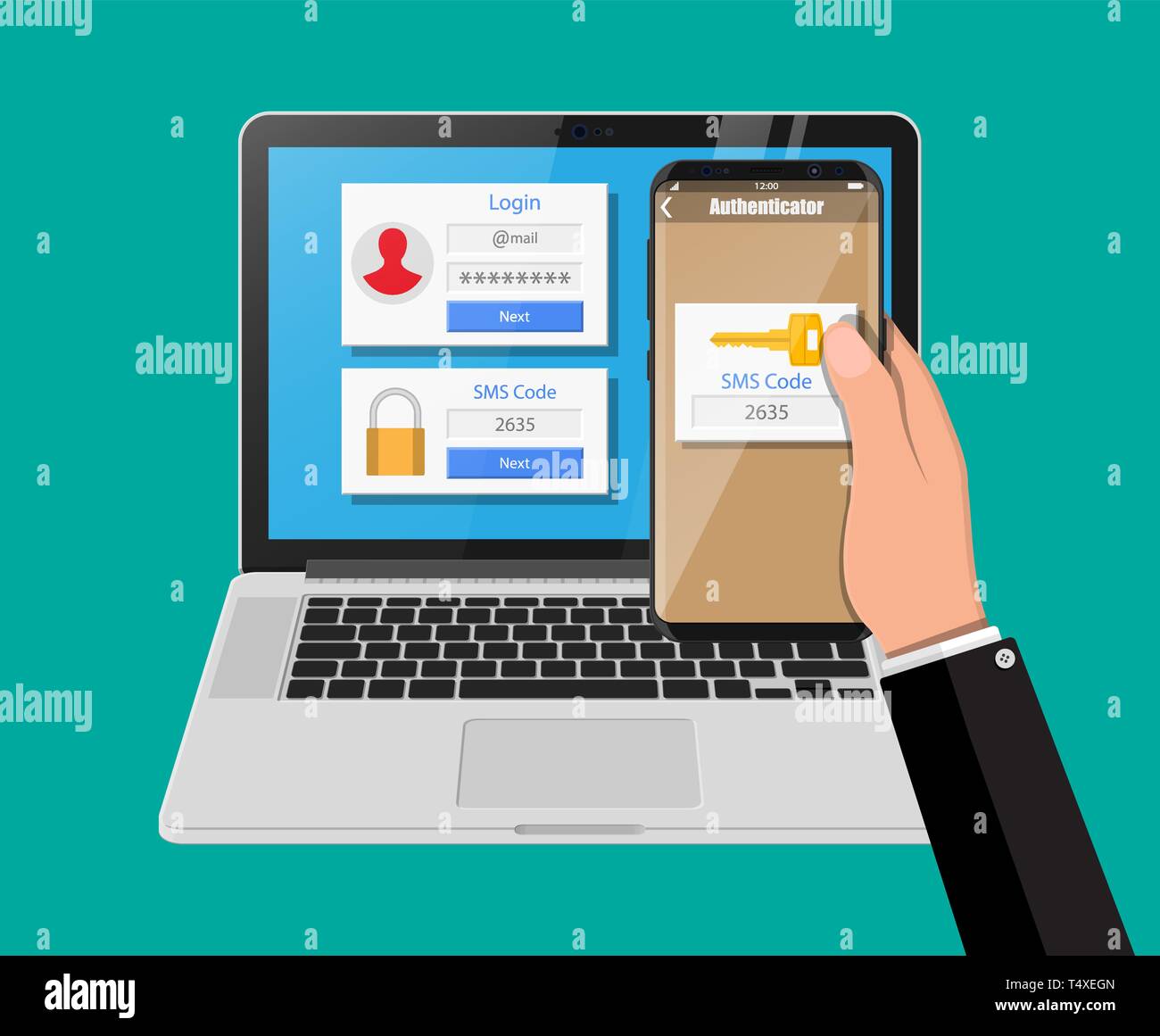 Two steps authentication concept. Laptop with login into account and ...