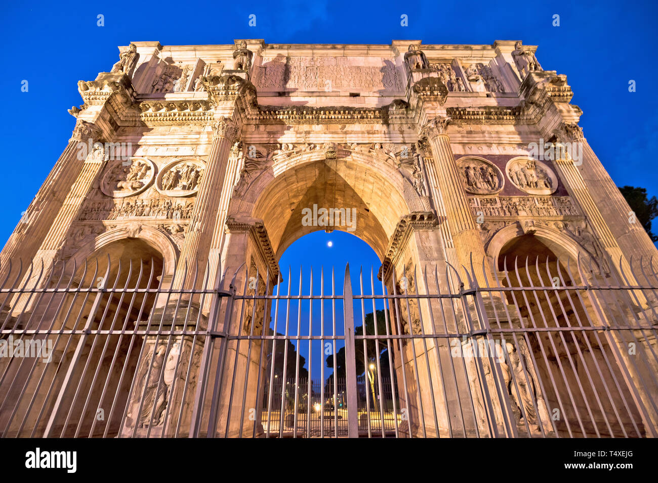 Arch of Constantine square in Rome evening illuminated view, famous ...