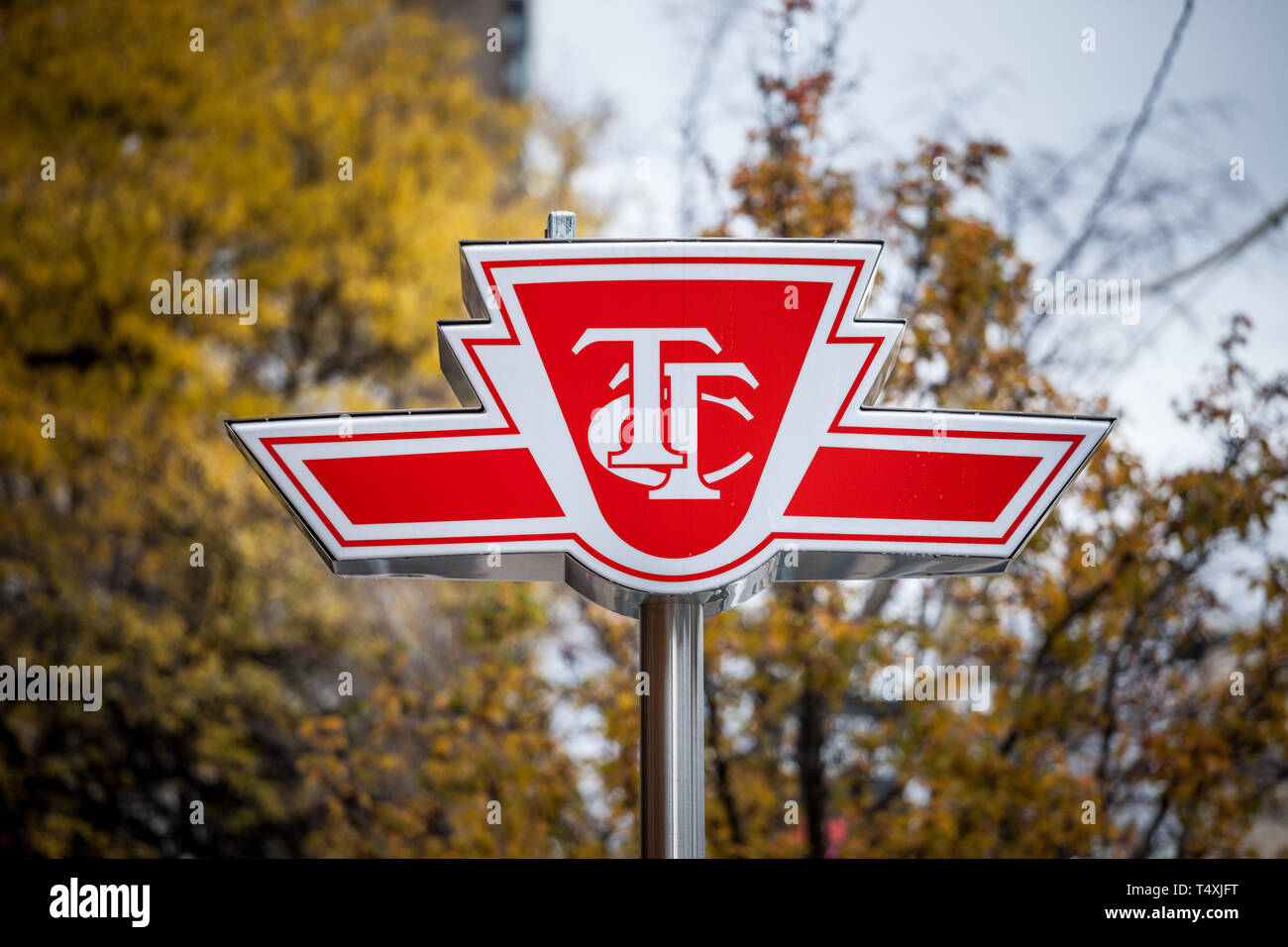 TORONTO, CANADA - NOVEMBER 13, 2018: TTC logo on the entrance of a ...