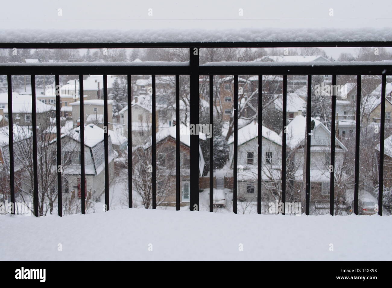 Snow covered rooftops seen through a snow covered fourth floor balcony ...