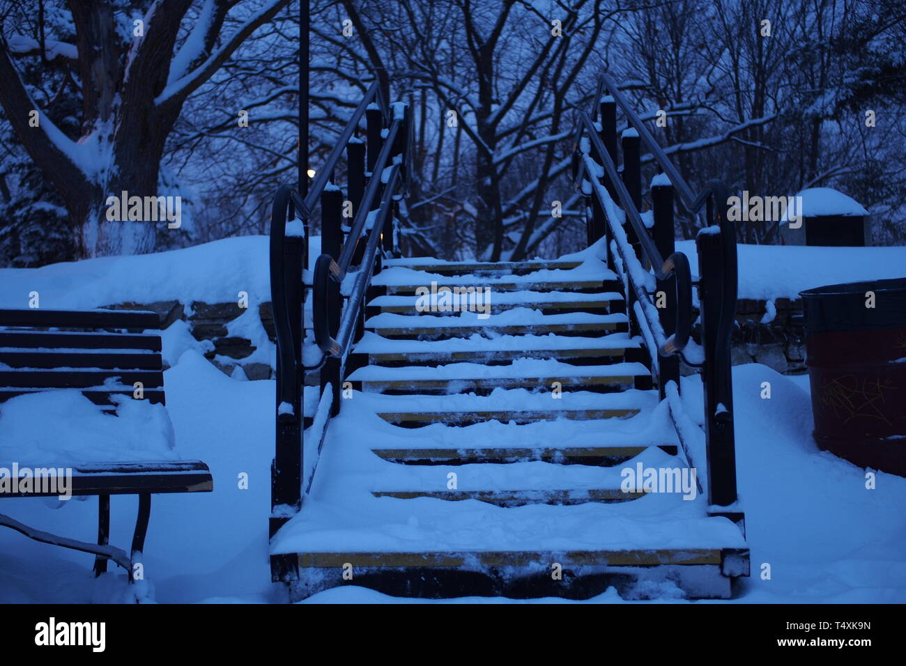 Snow covered step access to Dow's Lake and the Rideau Canal Skateway ...