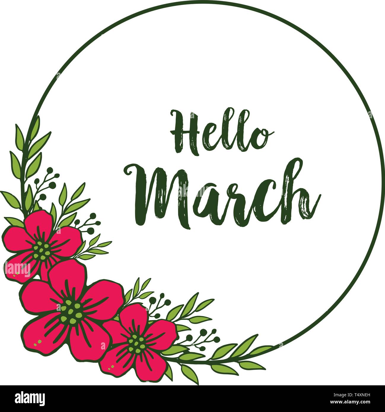 Vector illustration lettering hello march for wreath frame hand drawn ...