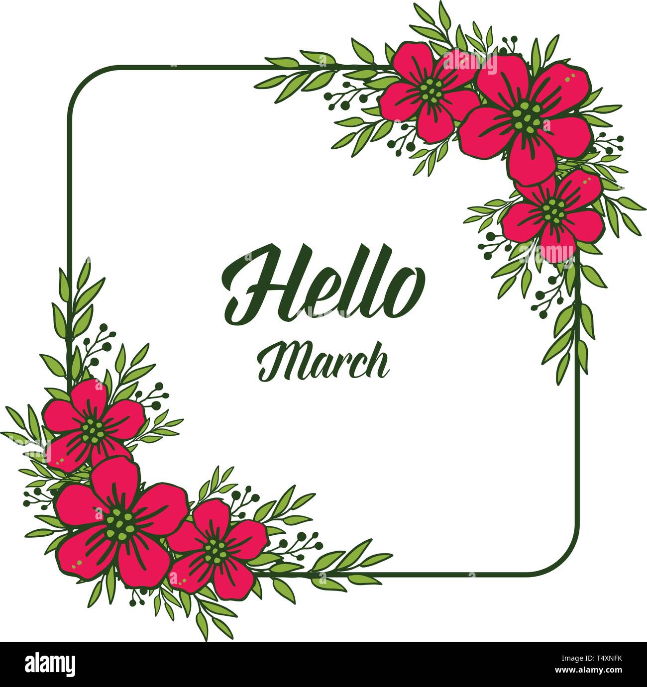Vector illustration various flower frame with writing hello march hand ...
