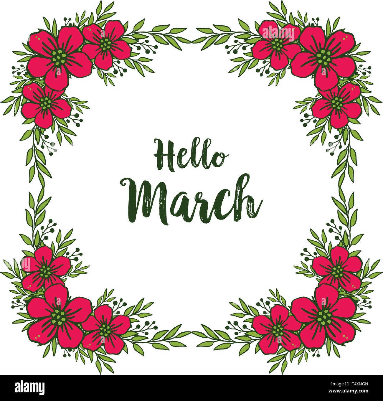 Vector illustration various flower frame with writing hello march hand ...