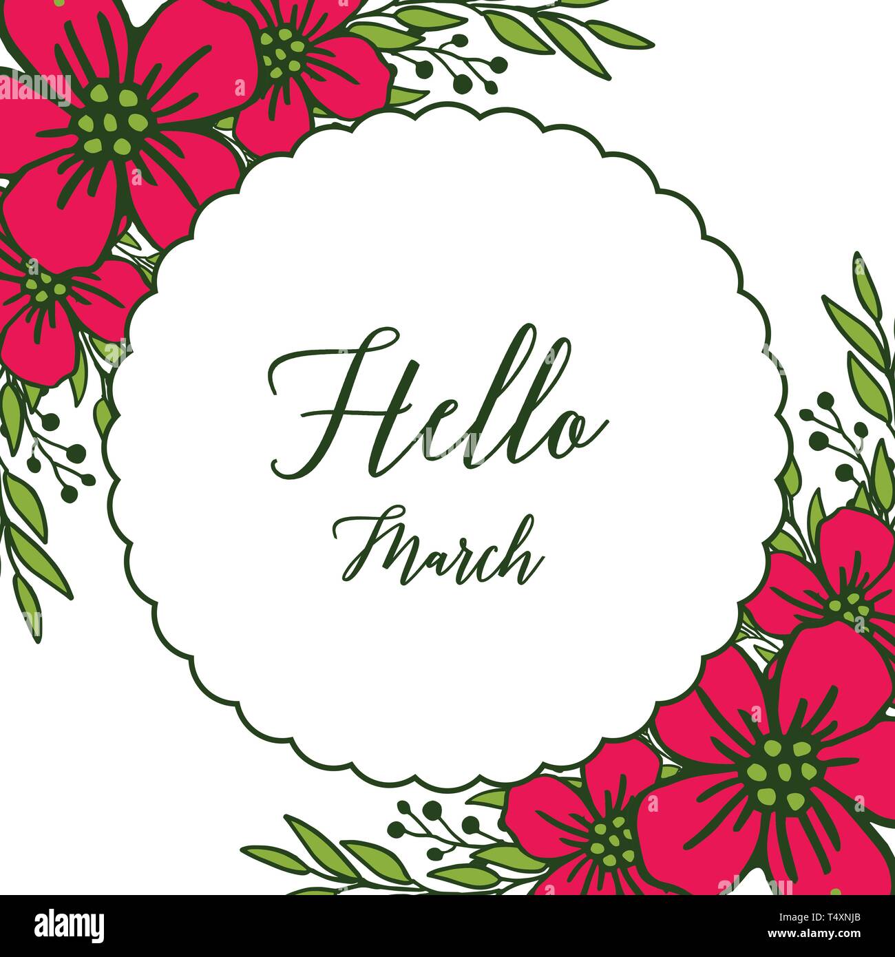 Vector illustration various flower frame with writing hello march hand ...