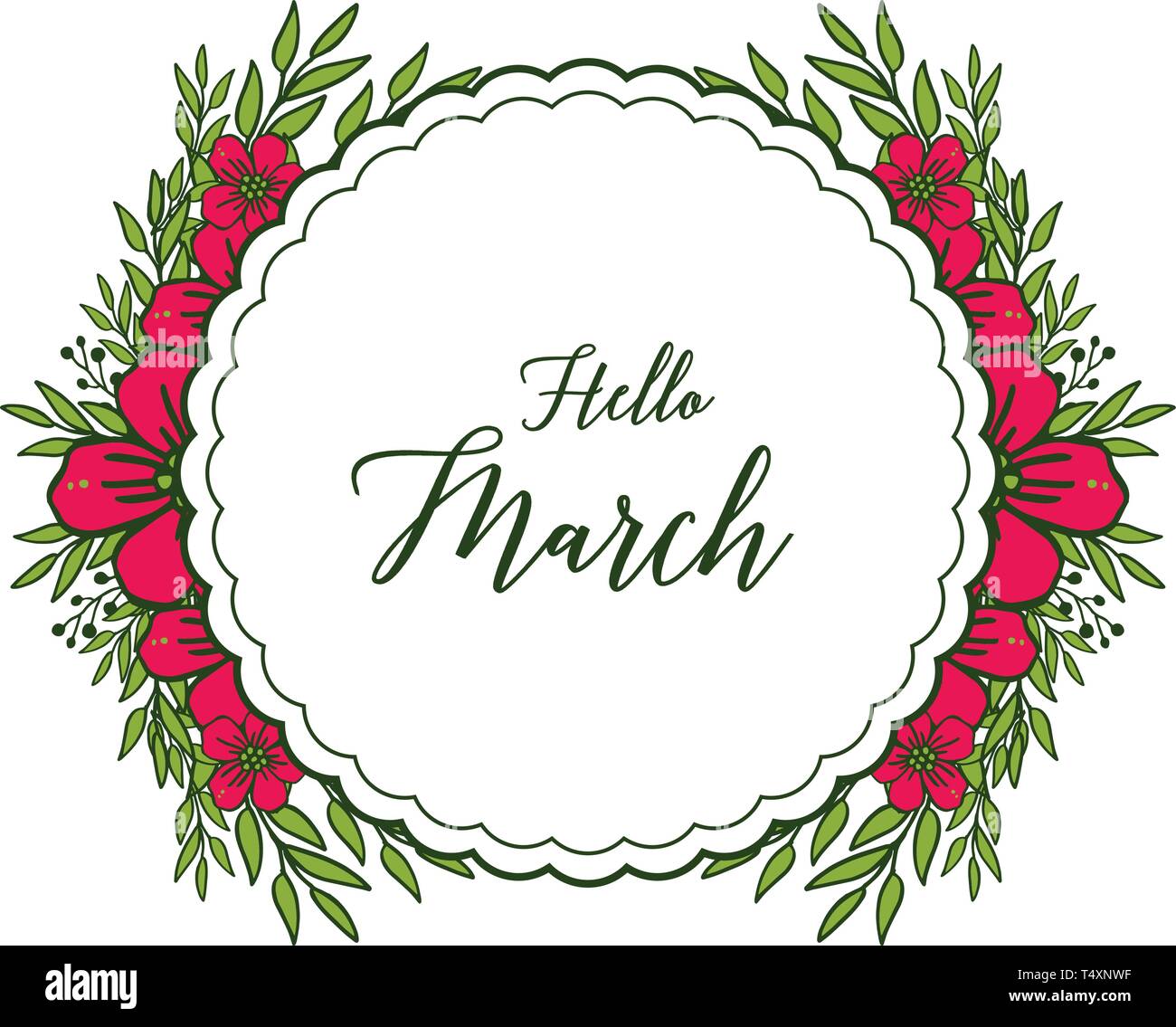 Vector illustration bright flowers frame with lettering hello march ...