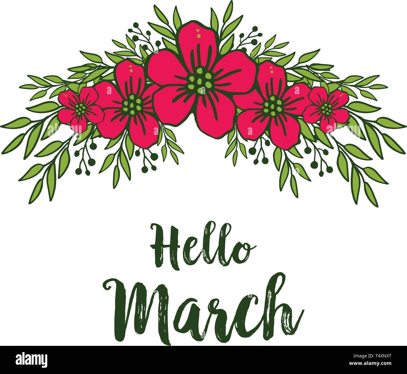 Vector illustration bright flowers frame with lettering hello march ...
