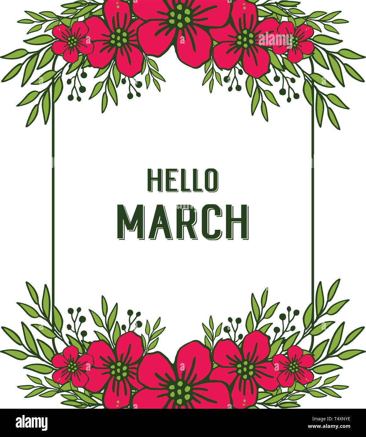 Vector illustration bright flowers frame with lettering hello march ...