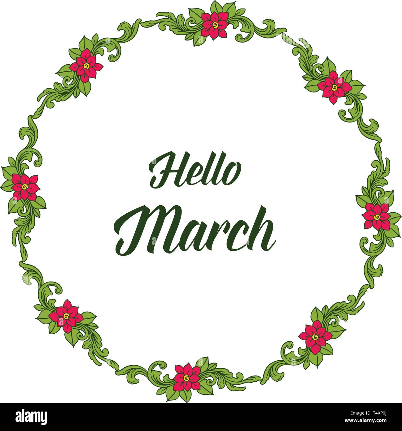 Vector illustration ornate card hello march with flower frame style ...