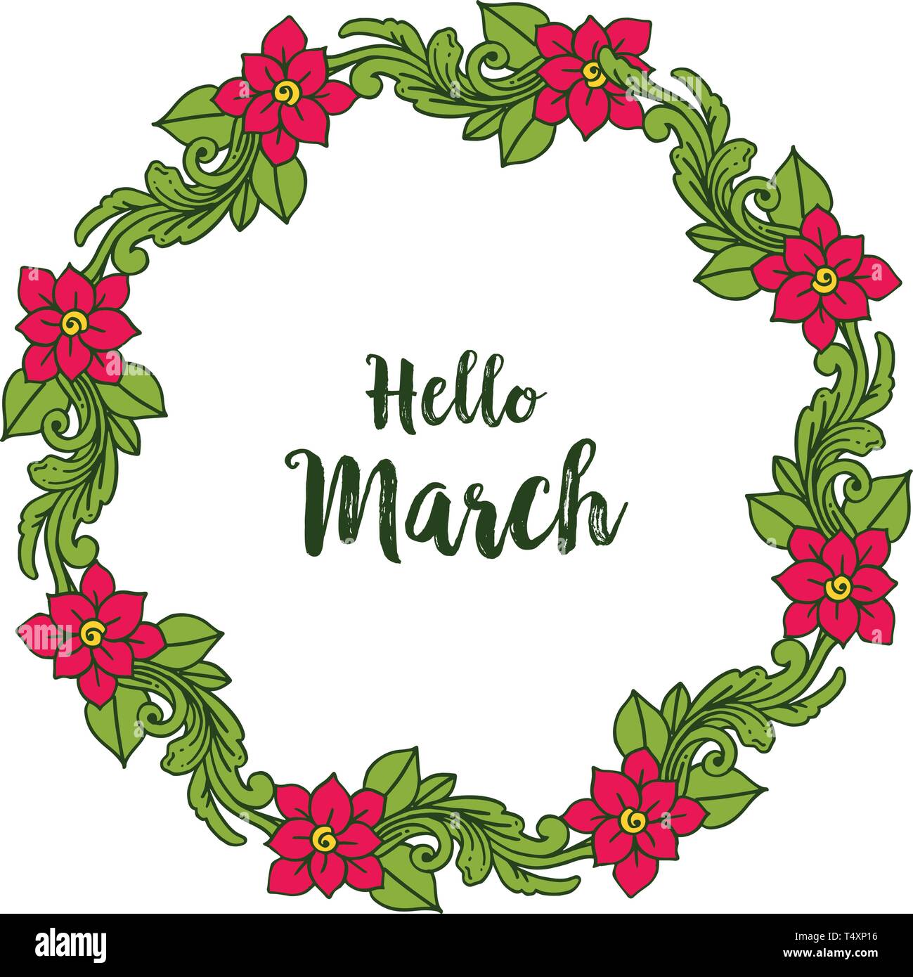 Vector illustration ornate card hello march with flower frame style ...