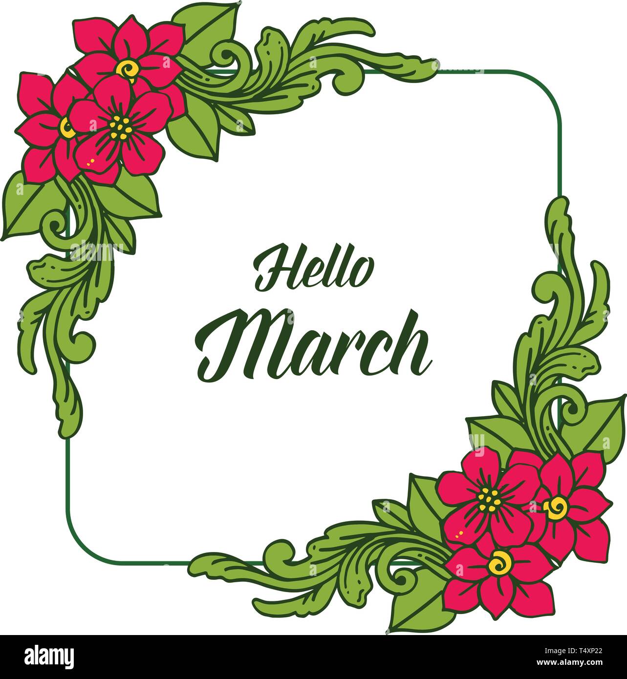 Vector illustration ornate card hello march with flower frame style ...