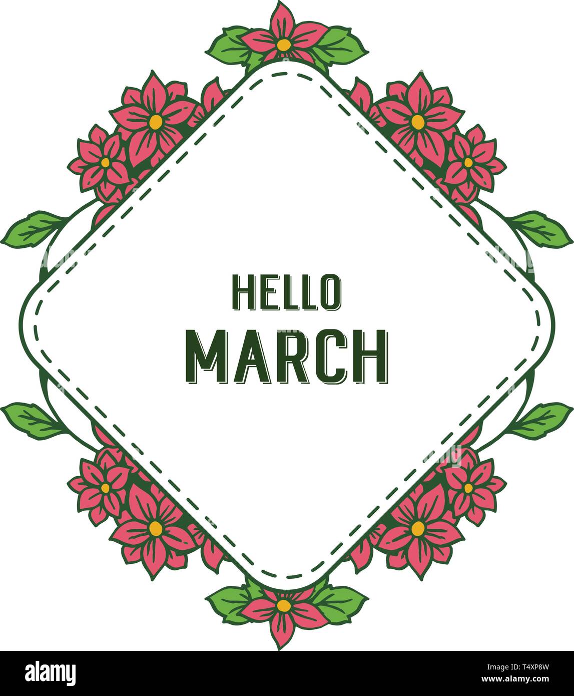Vector illustration banner hello march with drawing wreath frame hand ...