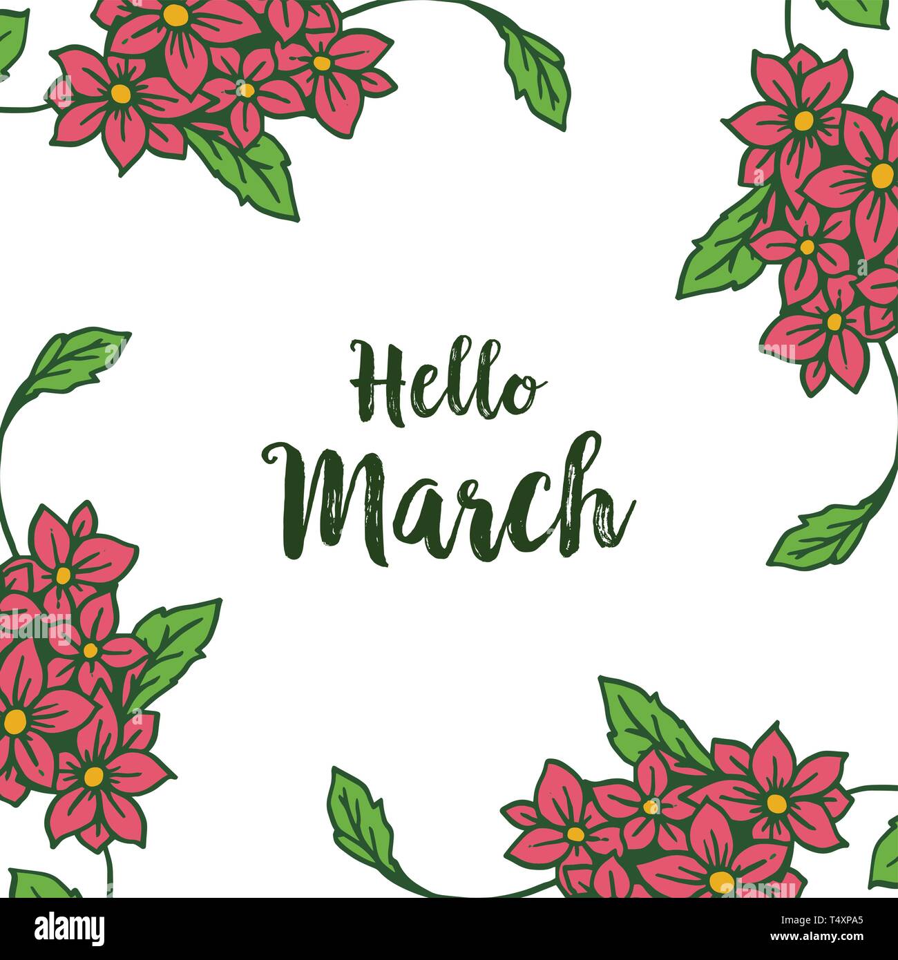Vector illustration banner hello march with drawing wreath frame hand ...