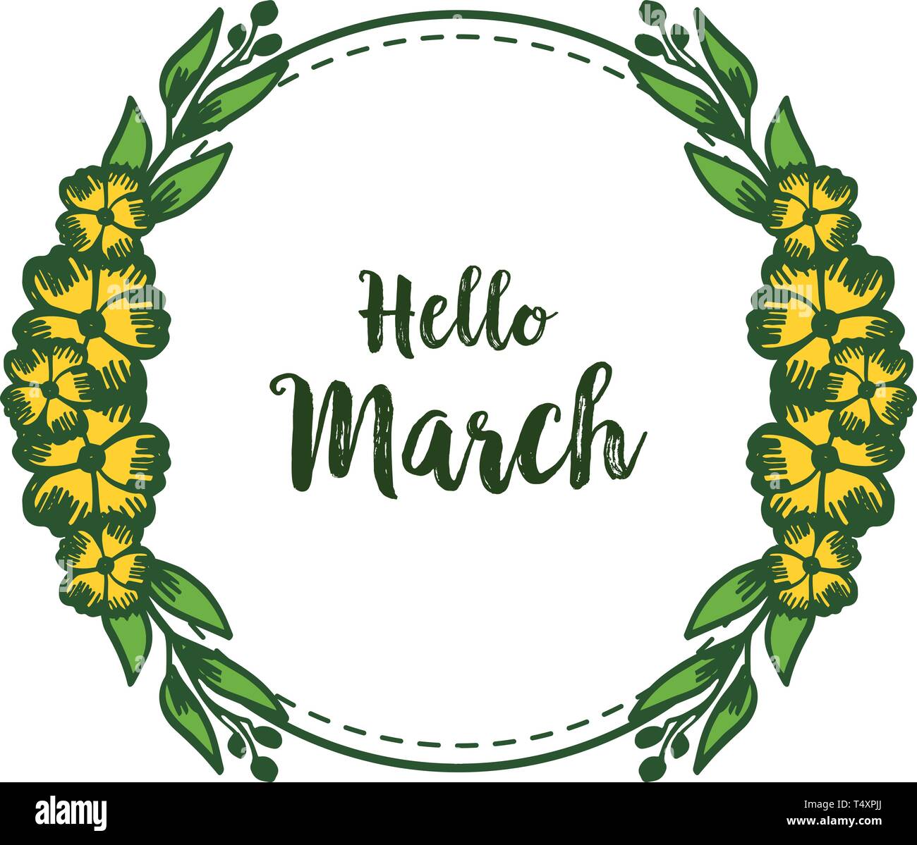 Vector illustration lettering hello march with decoration floral frame ...