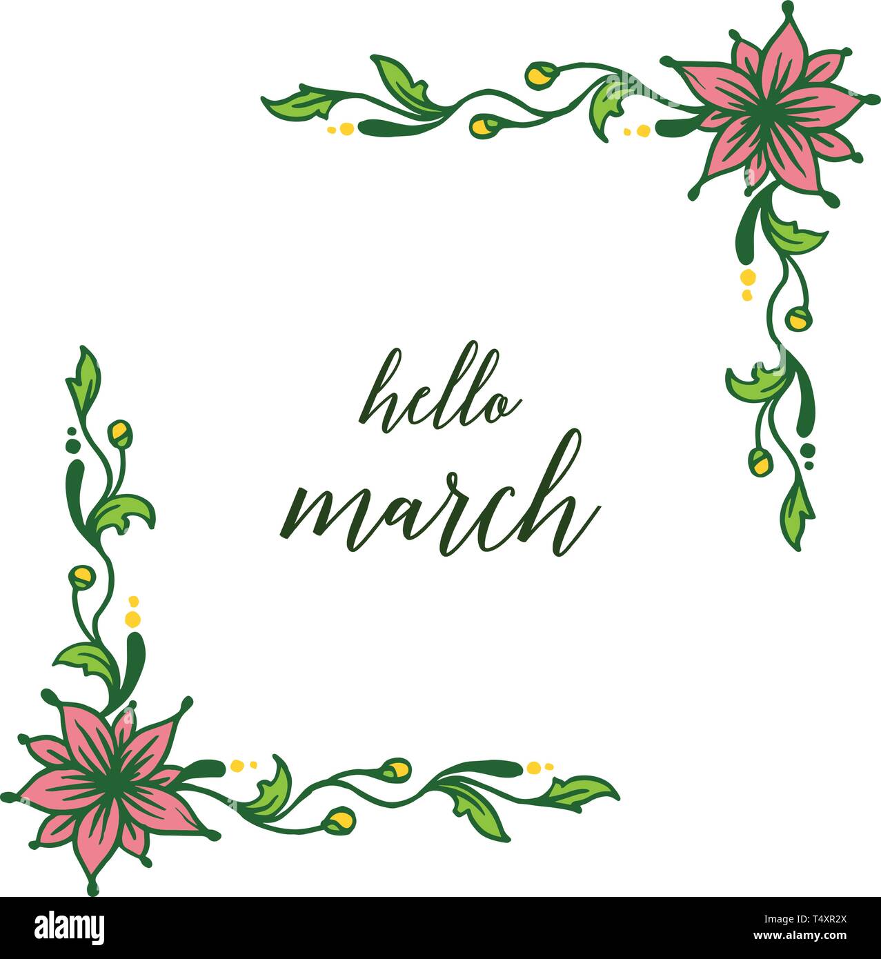 Vector illustration drawing leaf flower frame with writing style hello ...