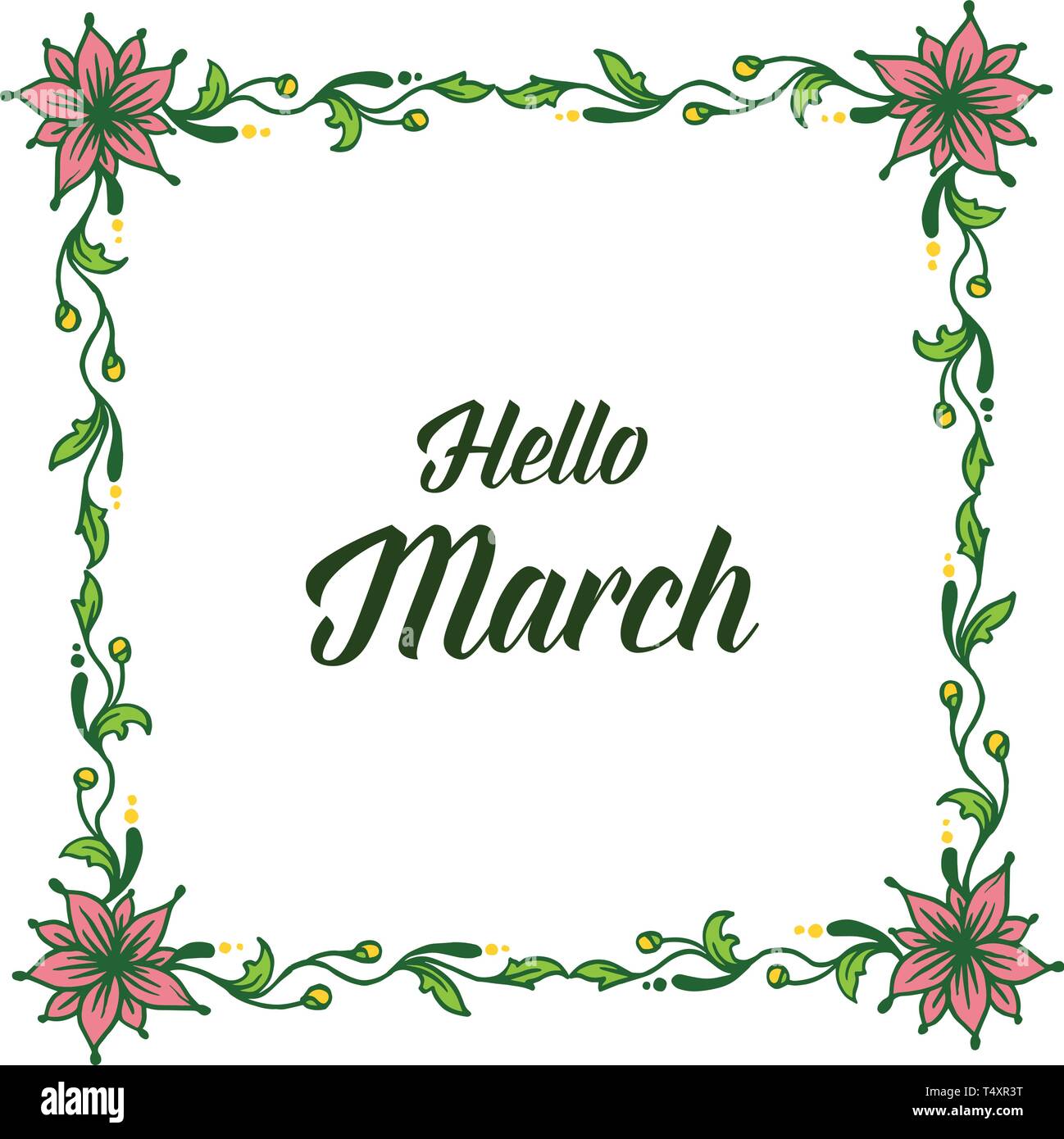 Vector illustration drawing leaf flower frame with writing style hello ...