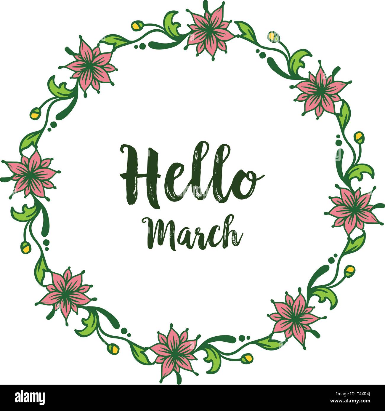 Vector illustration blossom flower frame with lettering hello march ...