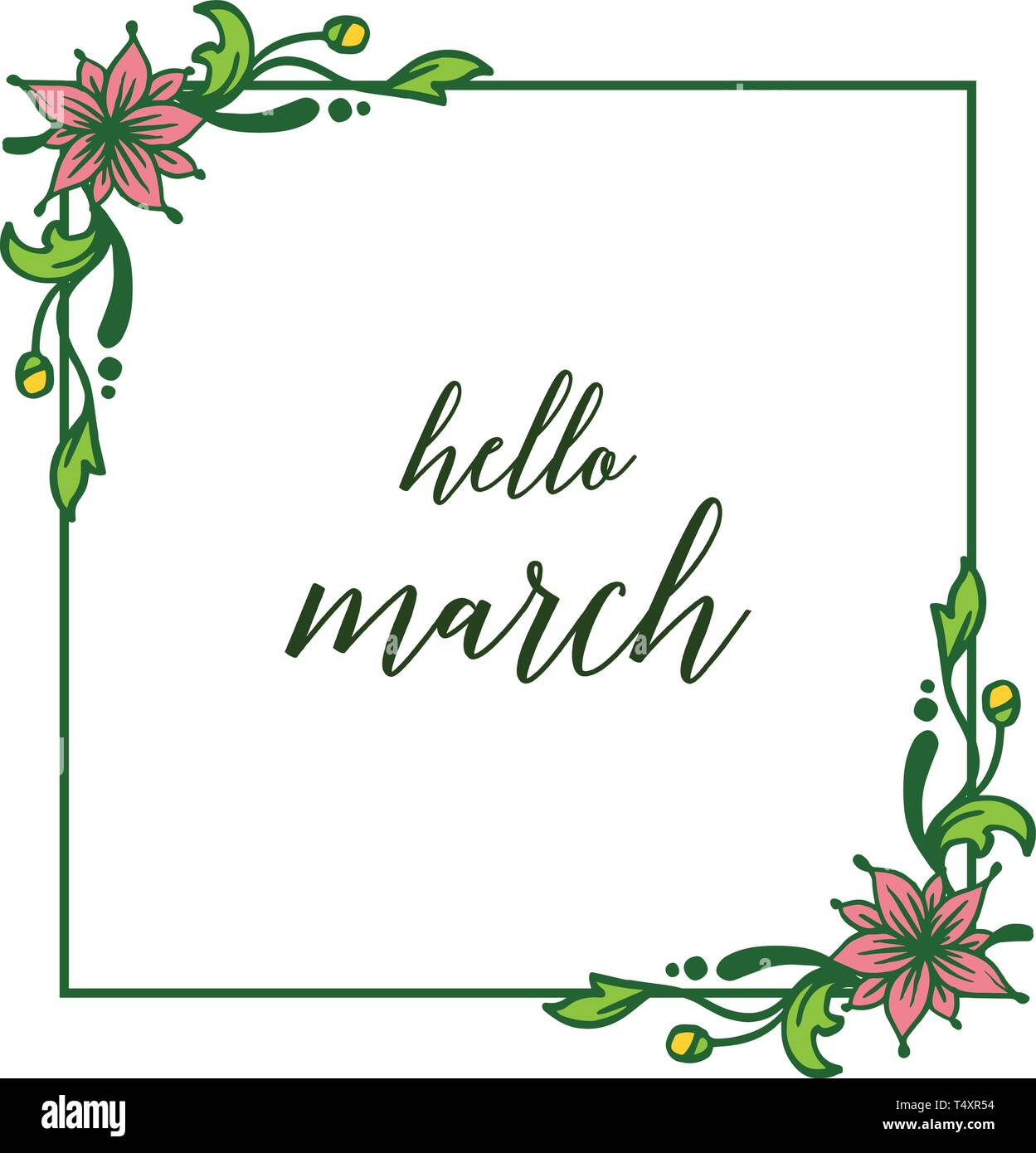 Vector illustration blossom flower frame with lettering hello march ...