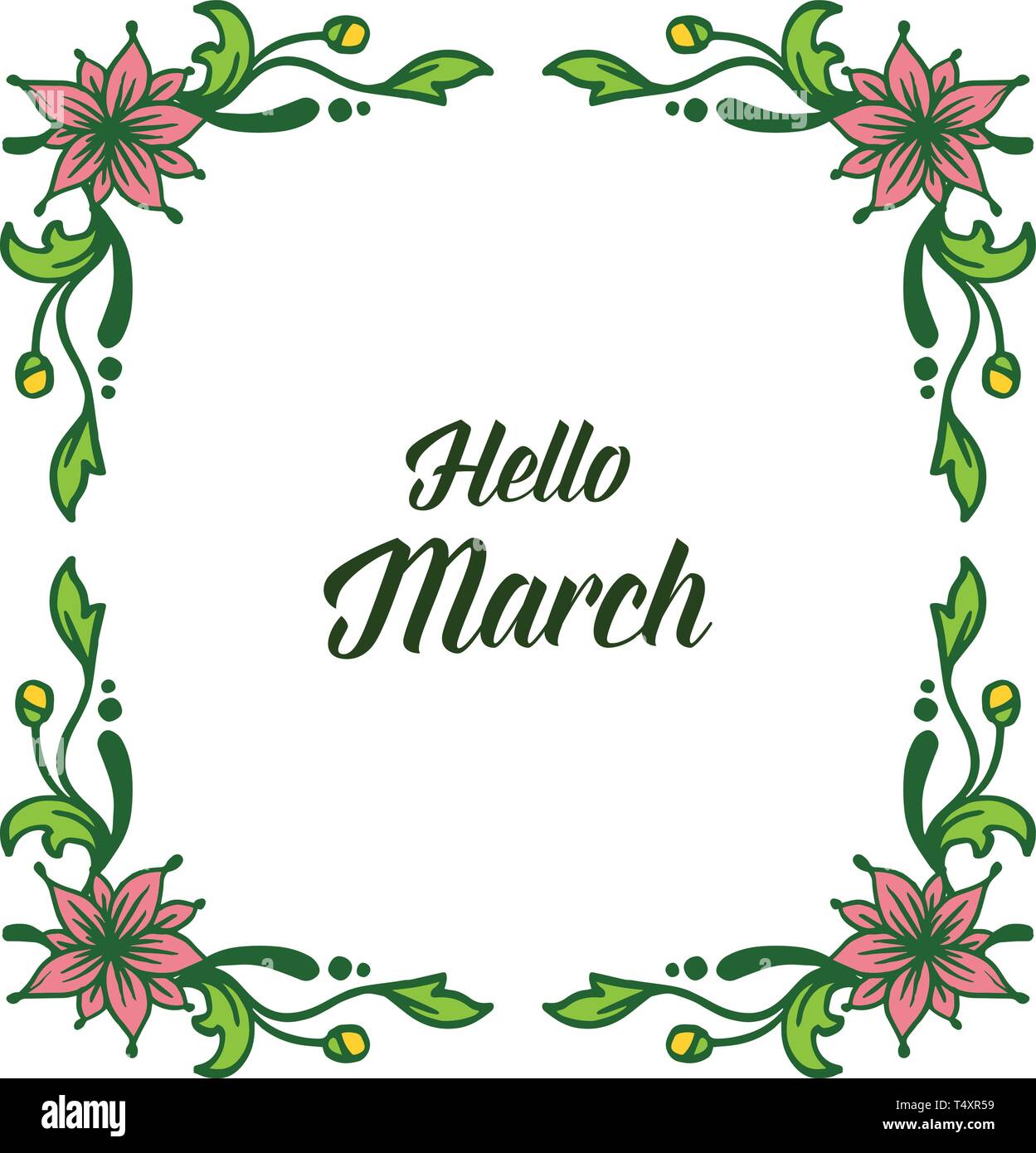 Vector illustration blossom flower frame with lettering hello march ...