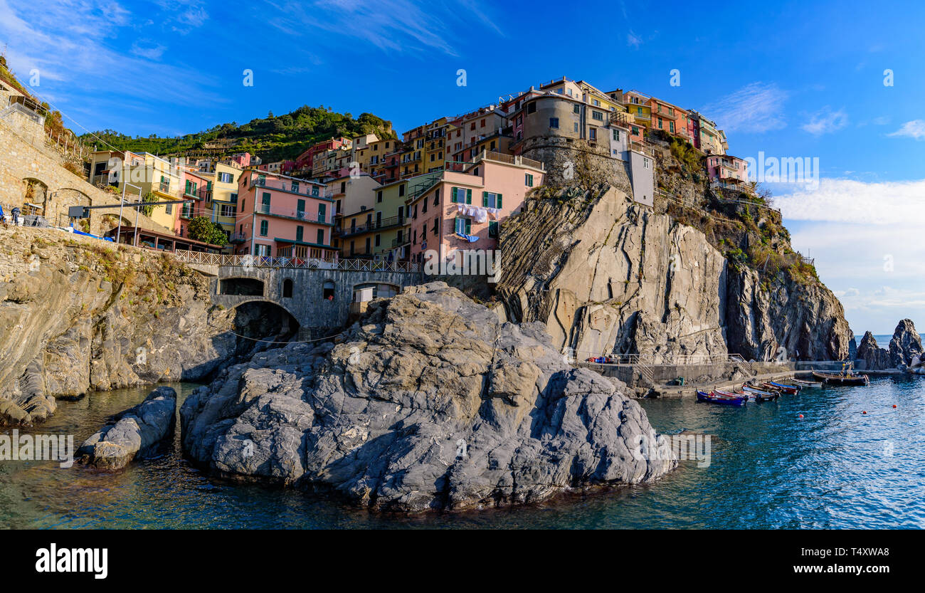 Panoramic view of Manarola, one of the five Mediterranean villages in ...