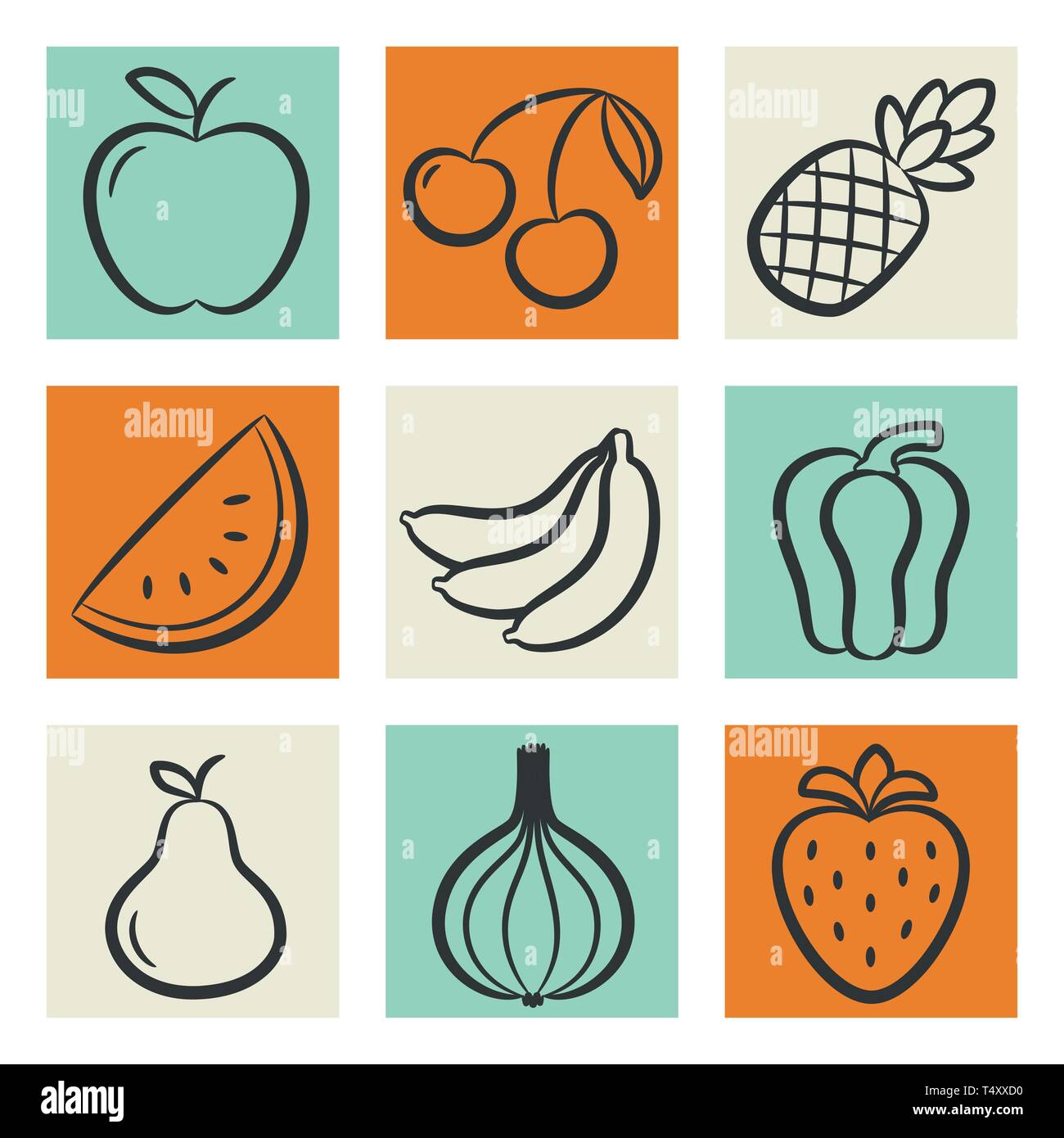 Icons set of fruits and vegetables - strawberry, pepper, banana, onion ...