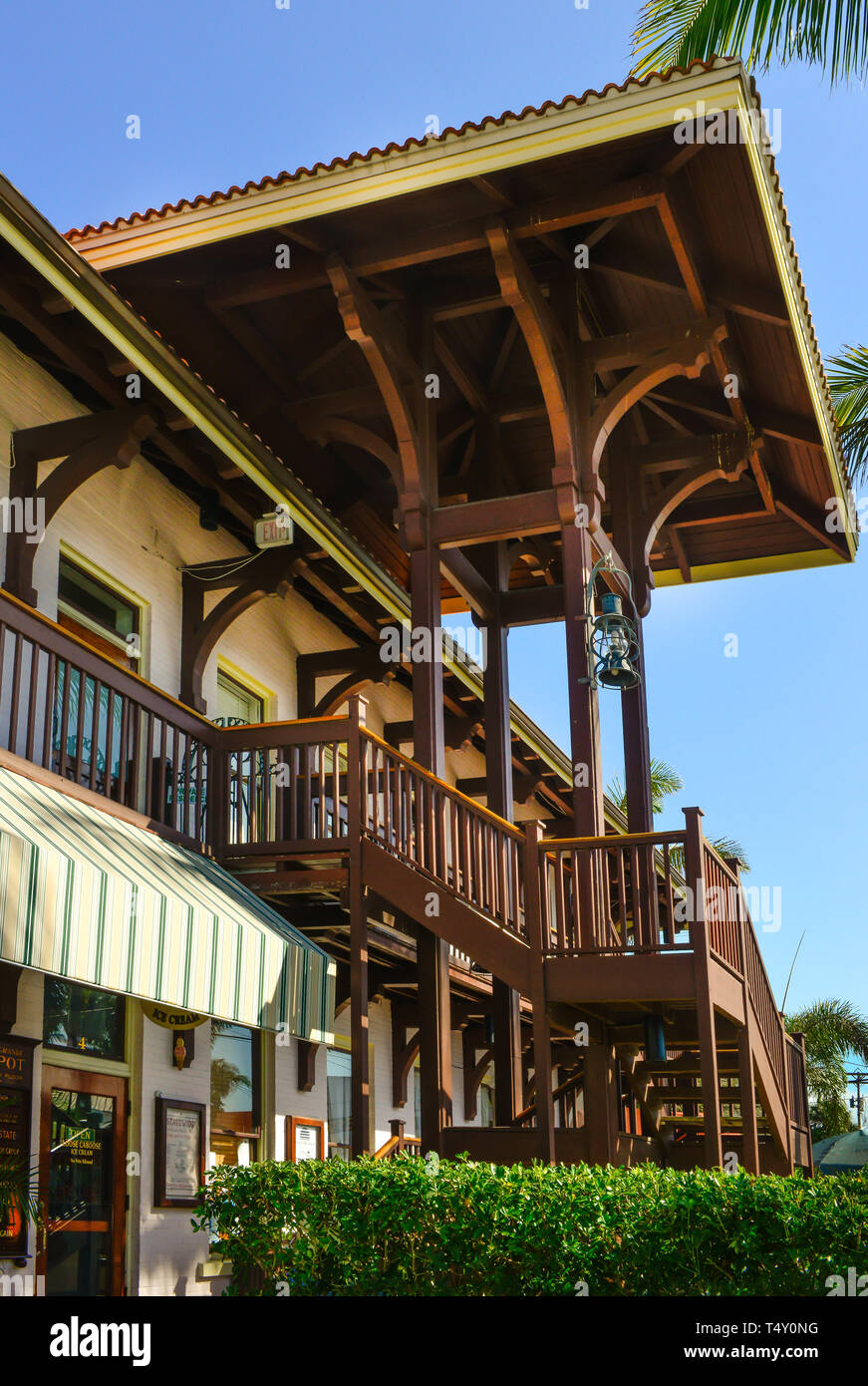 A beautifully constructed wooden overhang over stairs on the old train ...