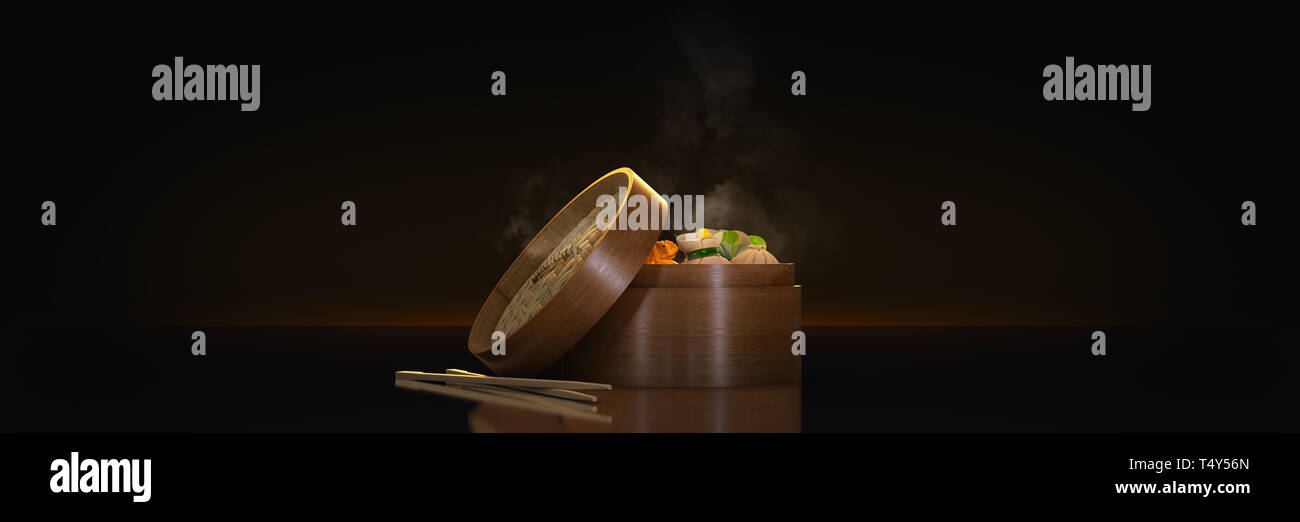 variety of dim sum in bamboo steam containers. 3d rendering Stock Photo ...