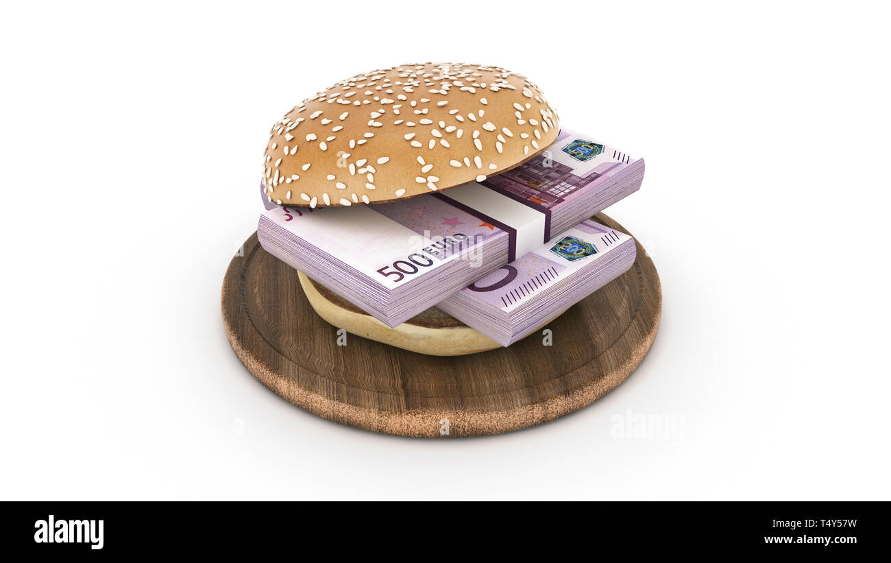 Hamburger with euro bank notes. 3d rendering Stock Photo - Alamy
