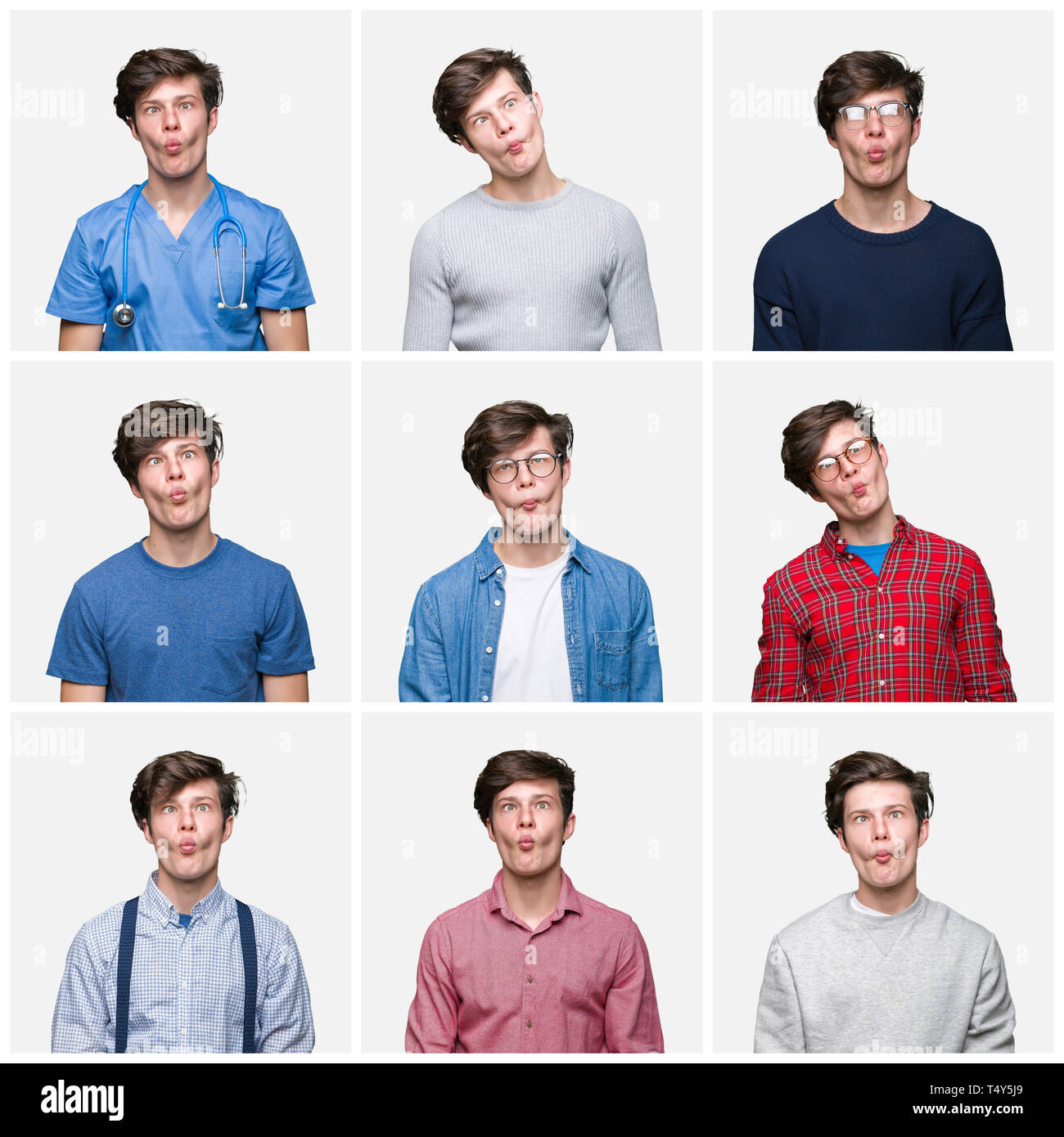 Collage of young man over white isolated background making fish face ...