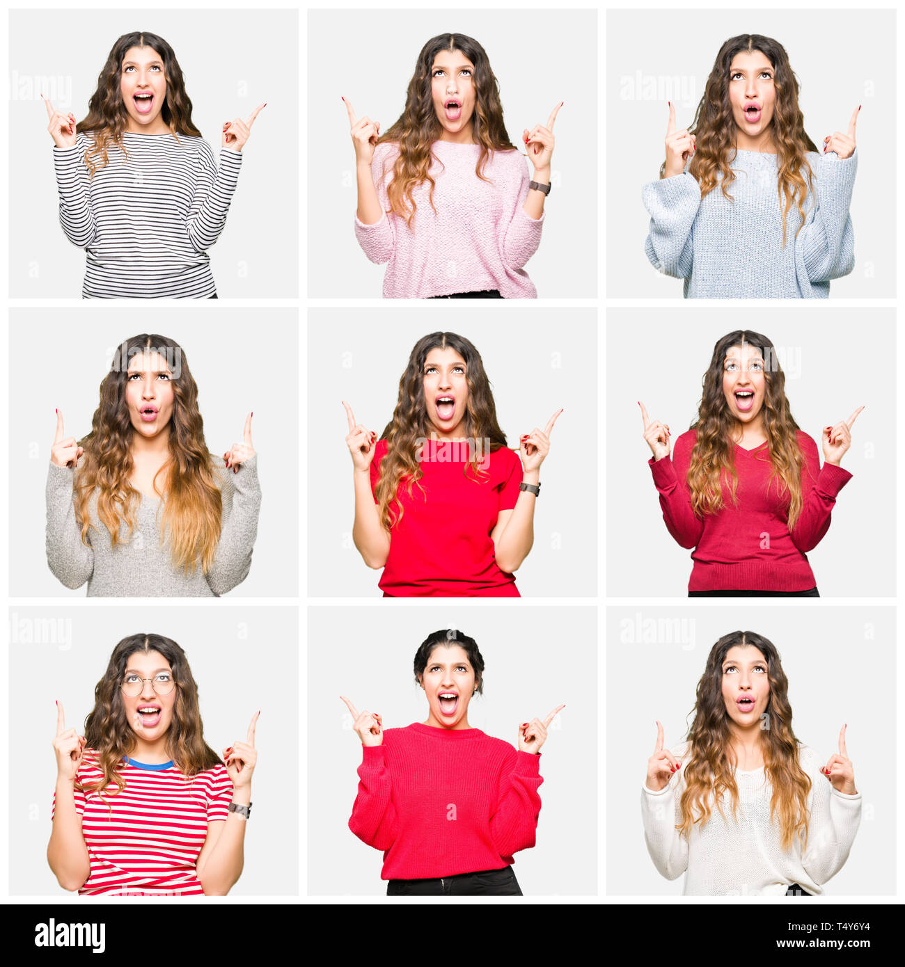 Collage of beautiful young woman wearing different looks over white ...