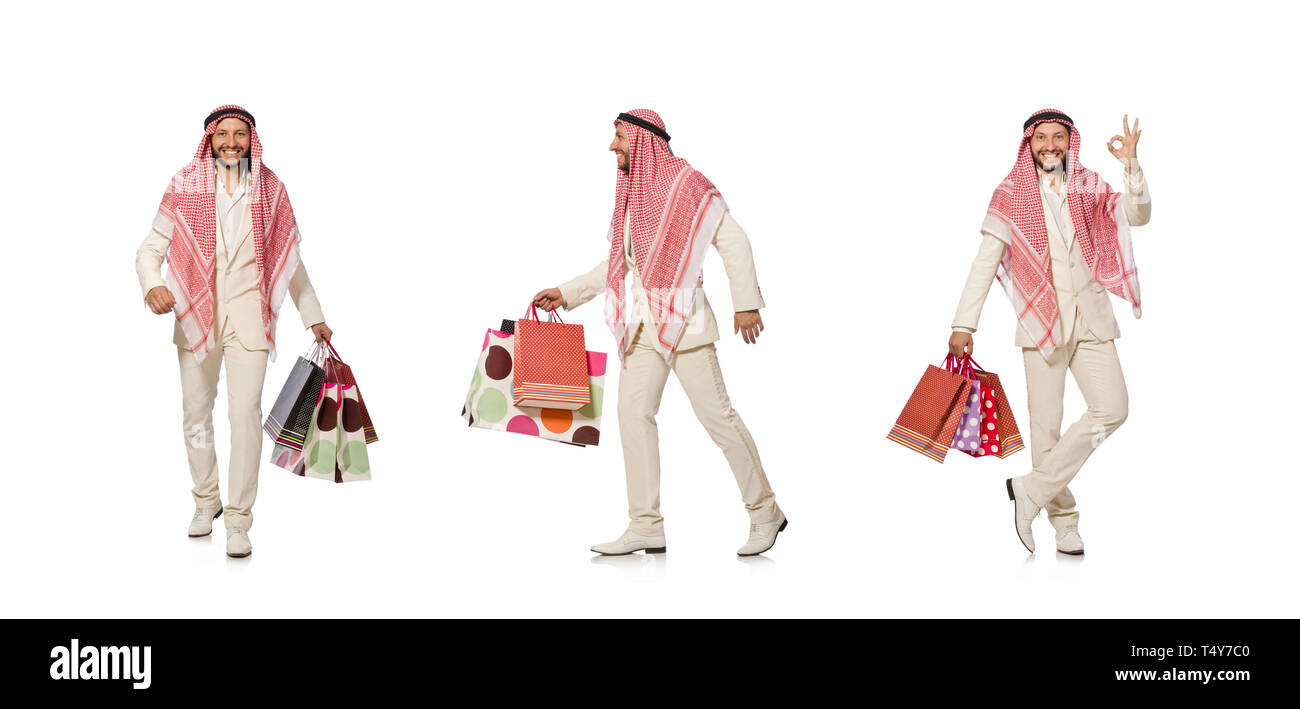 Arab man with shopping bags on white Stock Photo - Alamy