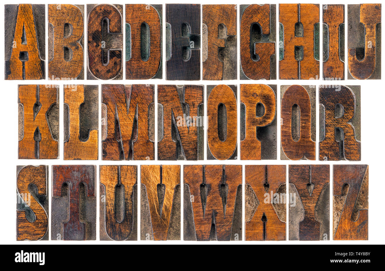 alphabet in vintage letterpress wood type blocks, French Clarendon font ...